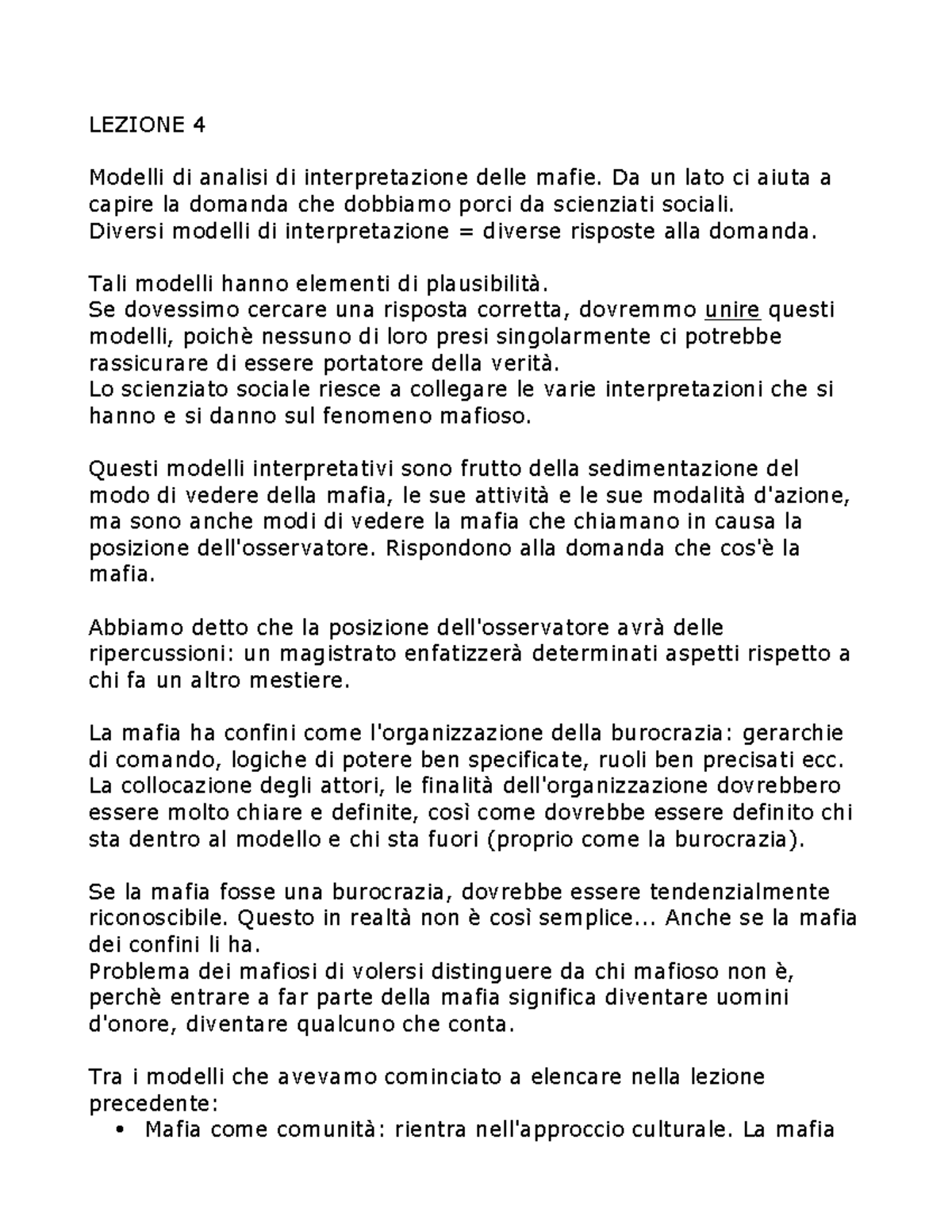 Lezione 4 - LEZIONE 4 Modelli di analisi di interpretazione delle mafie. Da un lato ci aiuta a ...