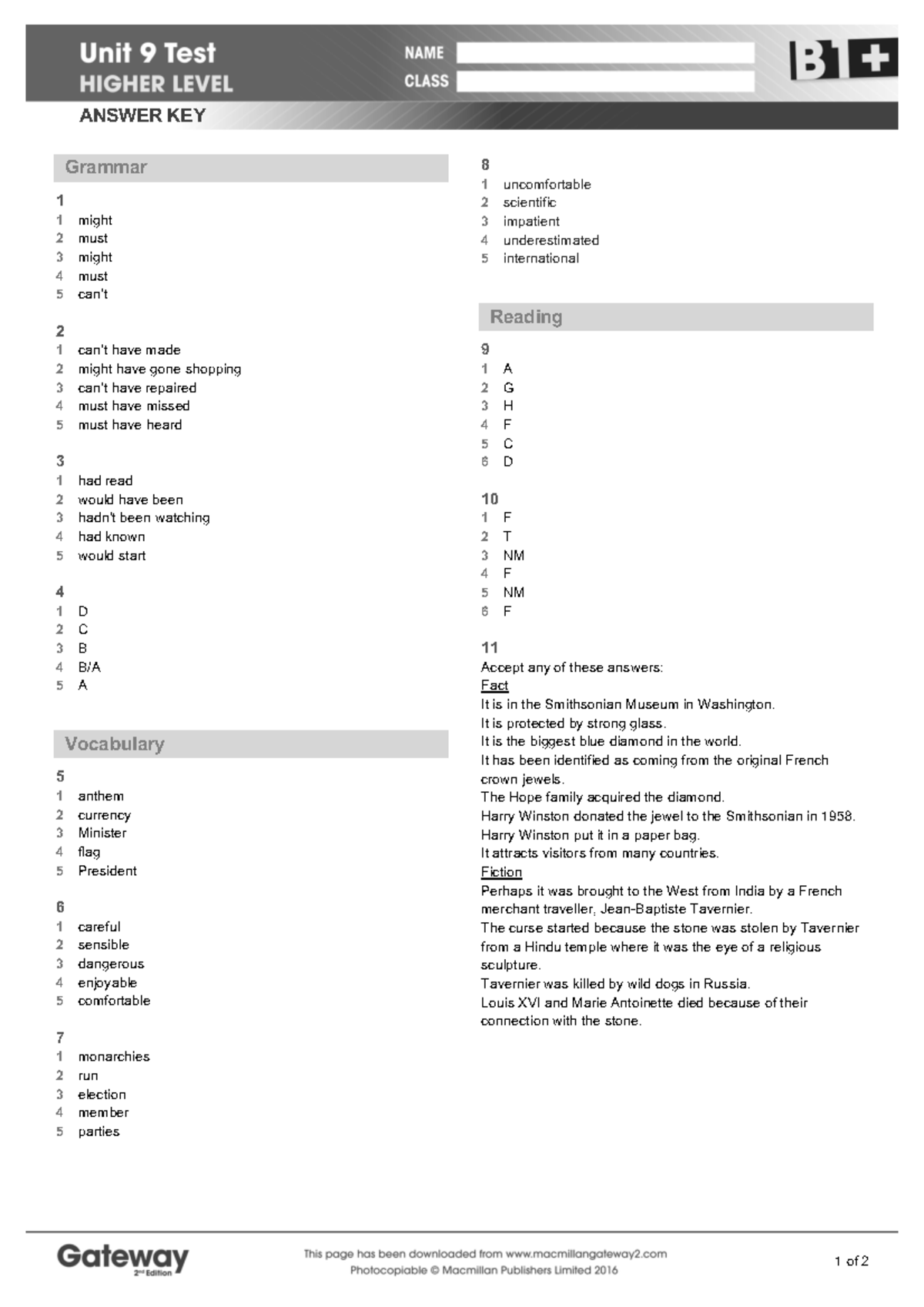 B1+ UNIT 9 Test answer key higher - 1 of 2 ANSWER KEY Grammar 1 1 might ...