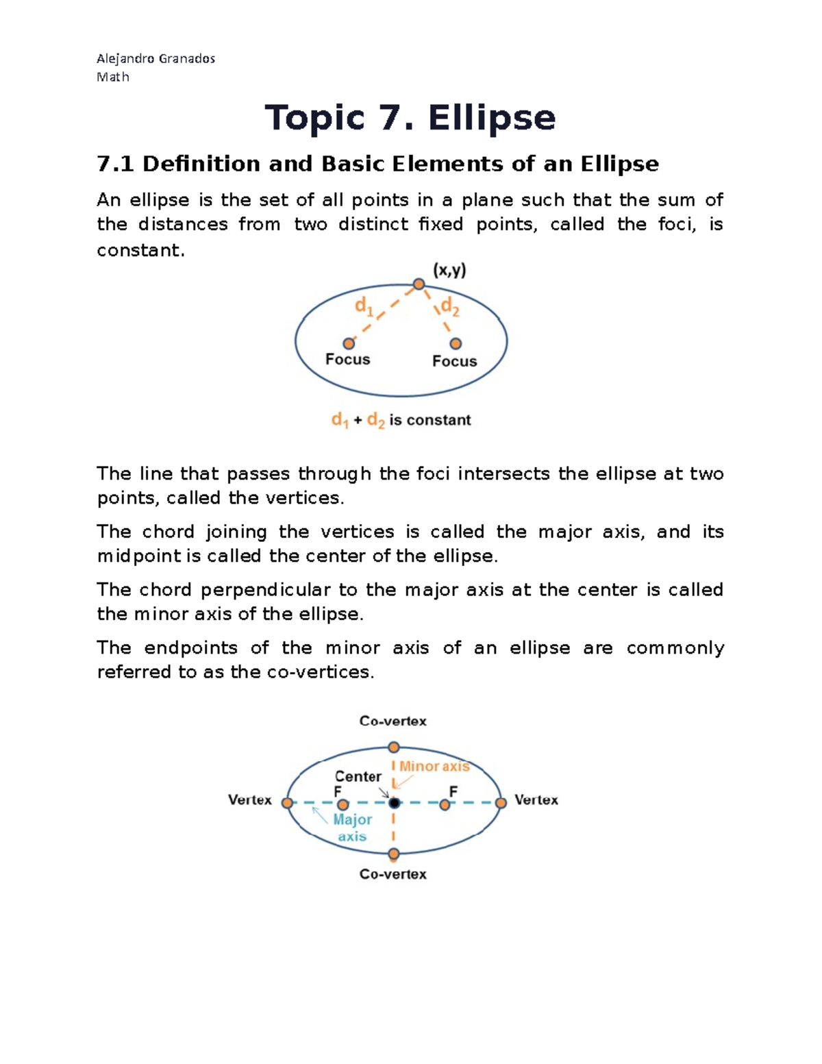 Notes Summary from Chapter 7 Ellipse - Math Topic 7. Ellipse 7 ...
