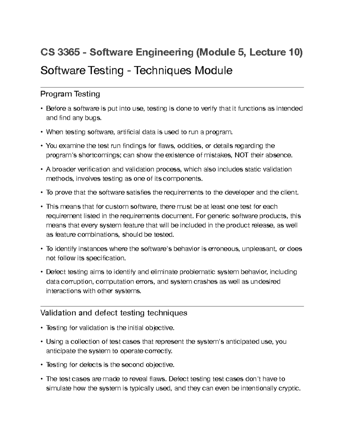 CS 3365 Lecture Notes - M5L10 - CS 3365 - Software Engineering (Module ...