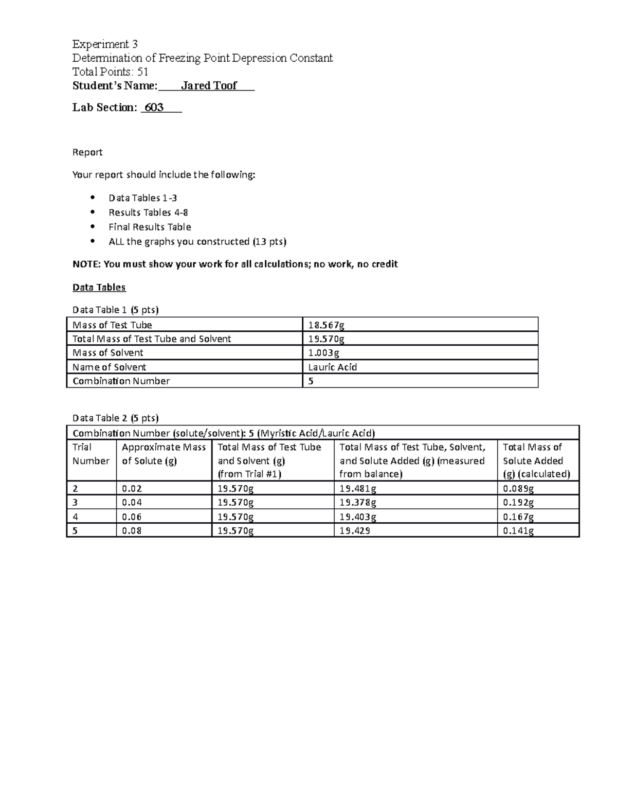 CHEM 110L - Experiment 3 Freezing Point Depression - Determination of ...