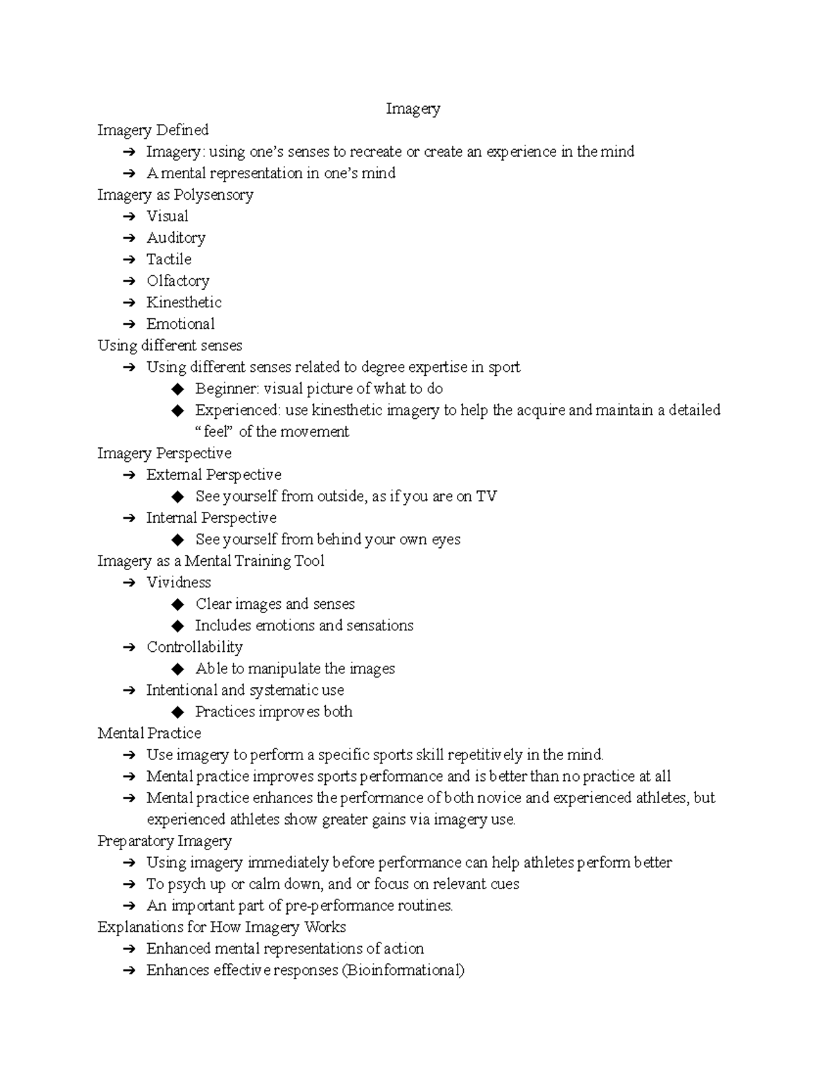 Imagery and self talk Notes - Imagery Imagery Defined Imagery: using ...