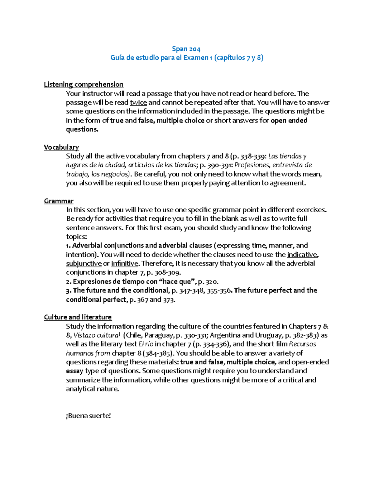 SPAN 204 Study Guide, Midterm exam 1 - Span 204 Guía de estudio para el ...
