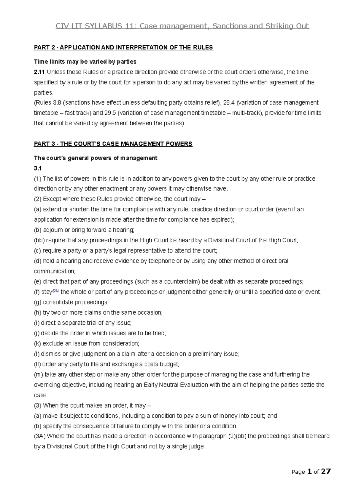 CIV LIT Syllabus 11 Case Management, Sanctions and Striking Out - CIV ...