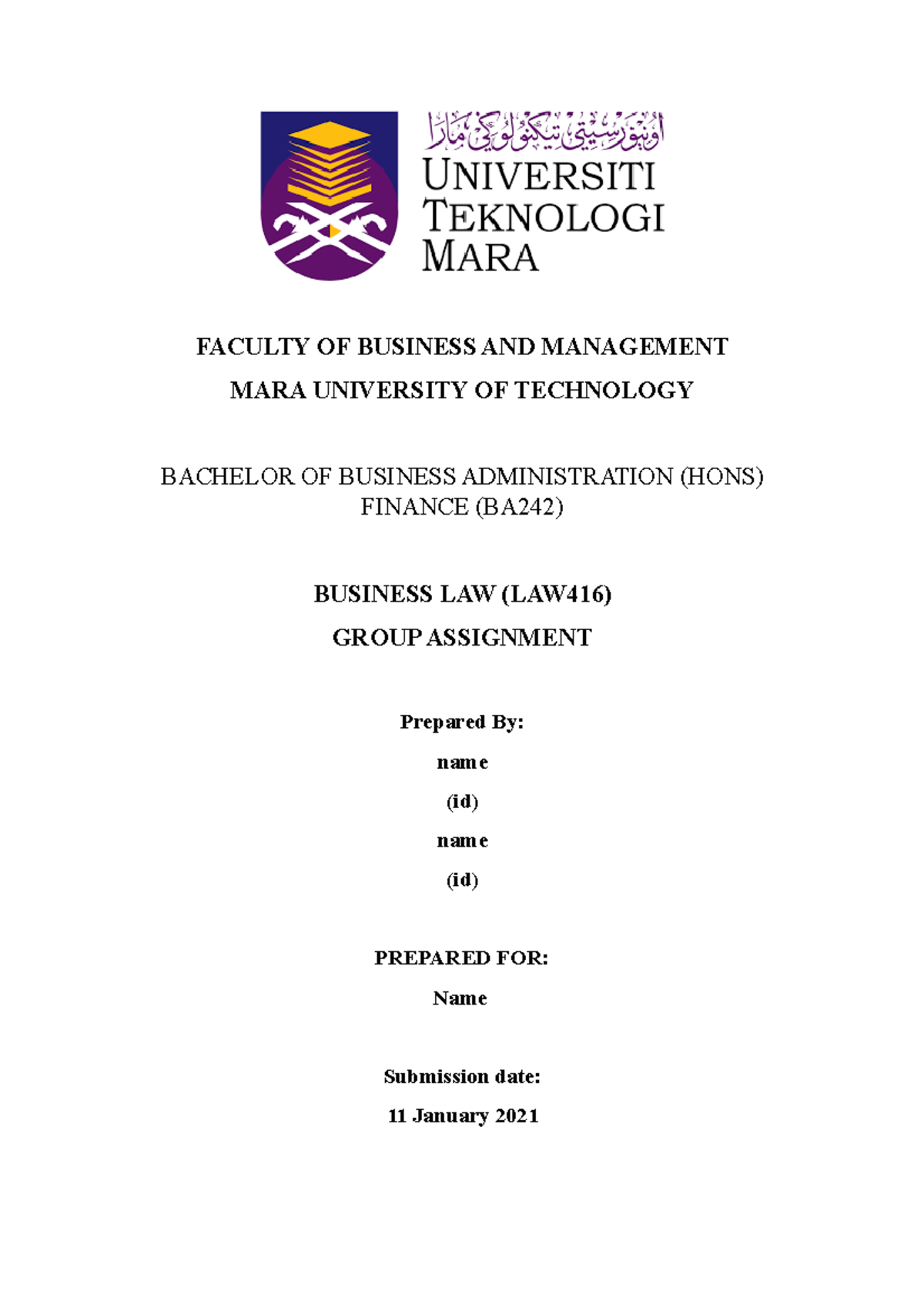 LAW 416 Group Assignment - FACULTY OF BUSINESS AND MANAGEMENT MARA ...