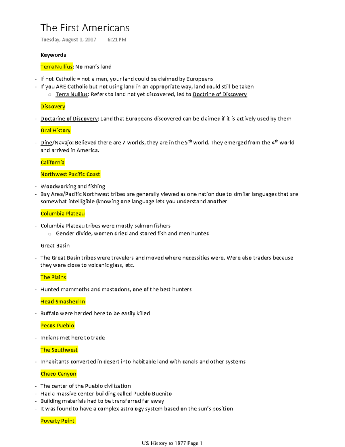 US History to 1877 - Lecture notes All - The First Americans Tuesday ...