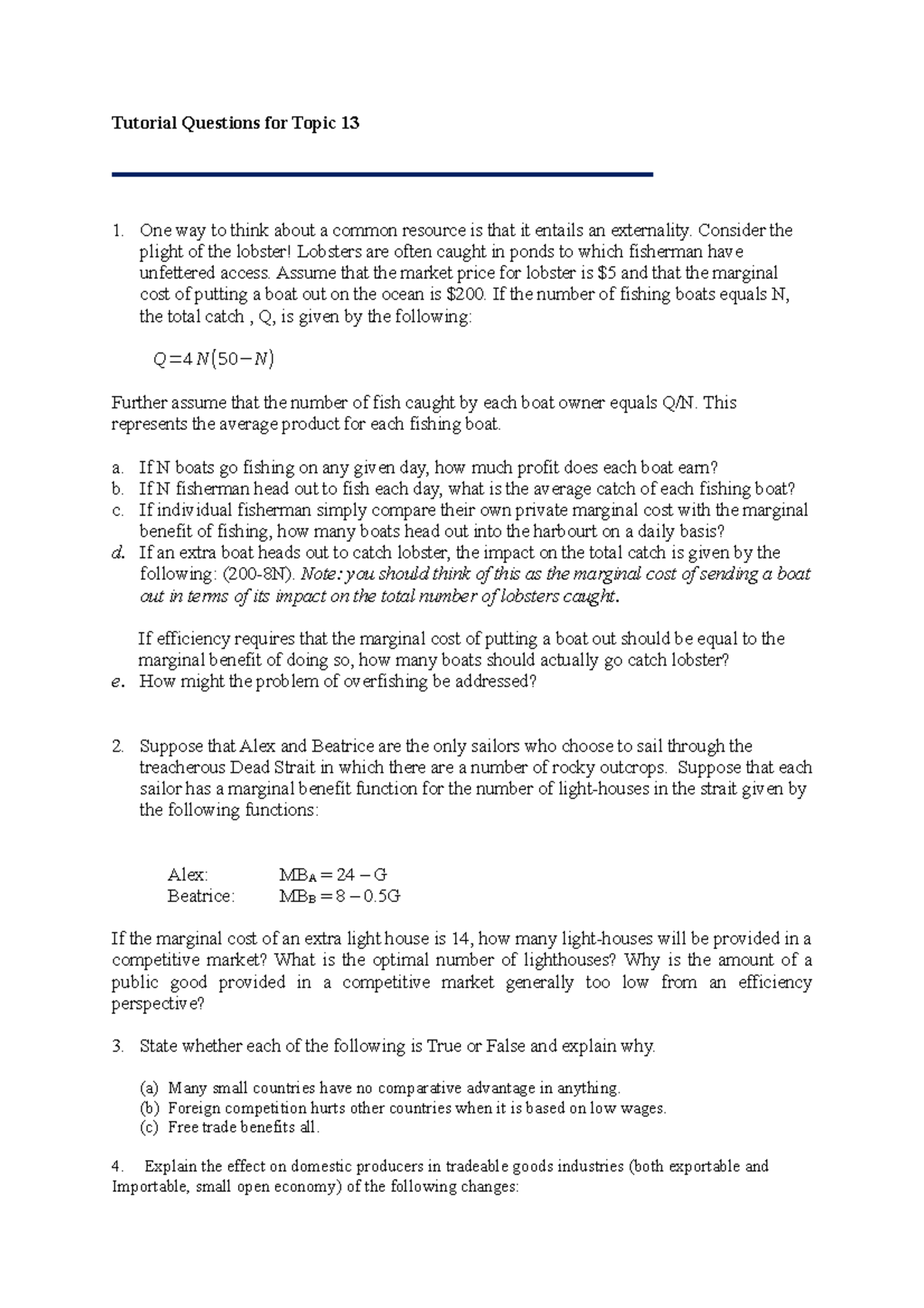 International trade (questions) - Tutorial Questions for Topic 13 One ...