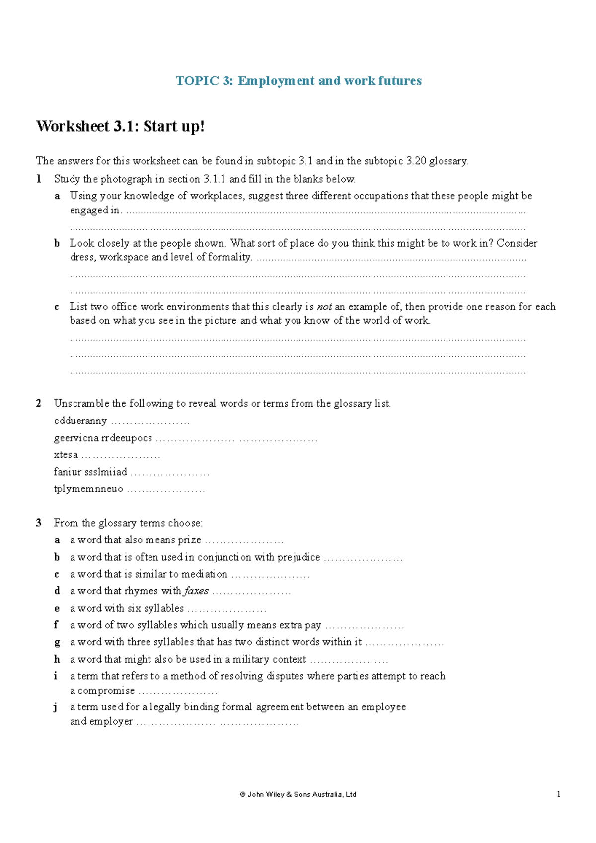 Employment start up - TOPIC 3: Employment and work futures Worksheet 3 ...