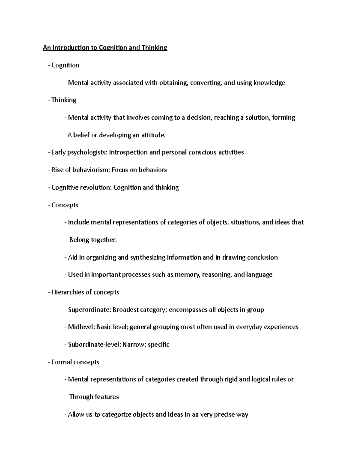 Intro To Psych Chpt 7 Lecture Notes An Introduction To Cognition And Thinking Cognition