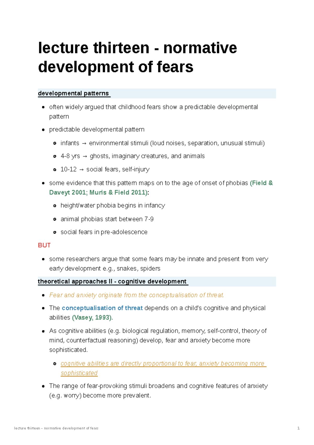 Lecture thirteen - normative development of fears ...