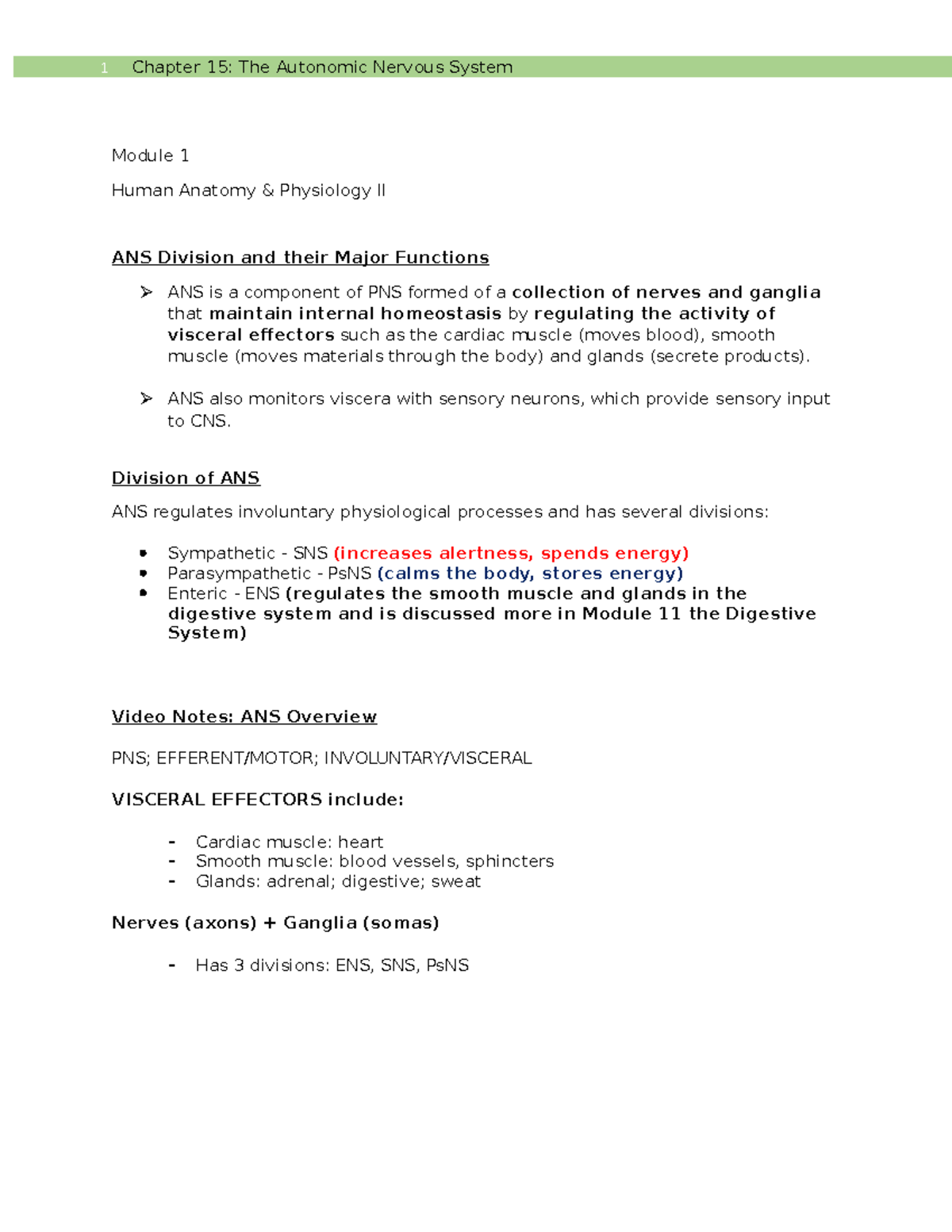 AP 2 Module 1 Autonomic Nervous System - Module 1 Human Anatomy ...