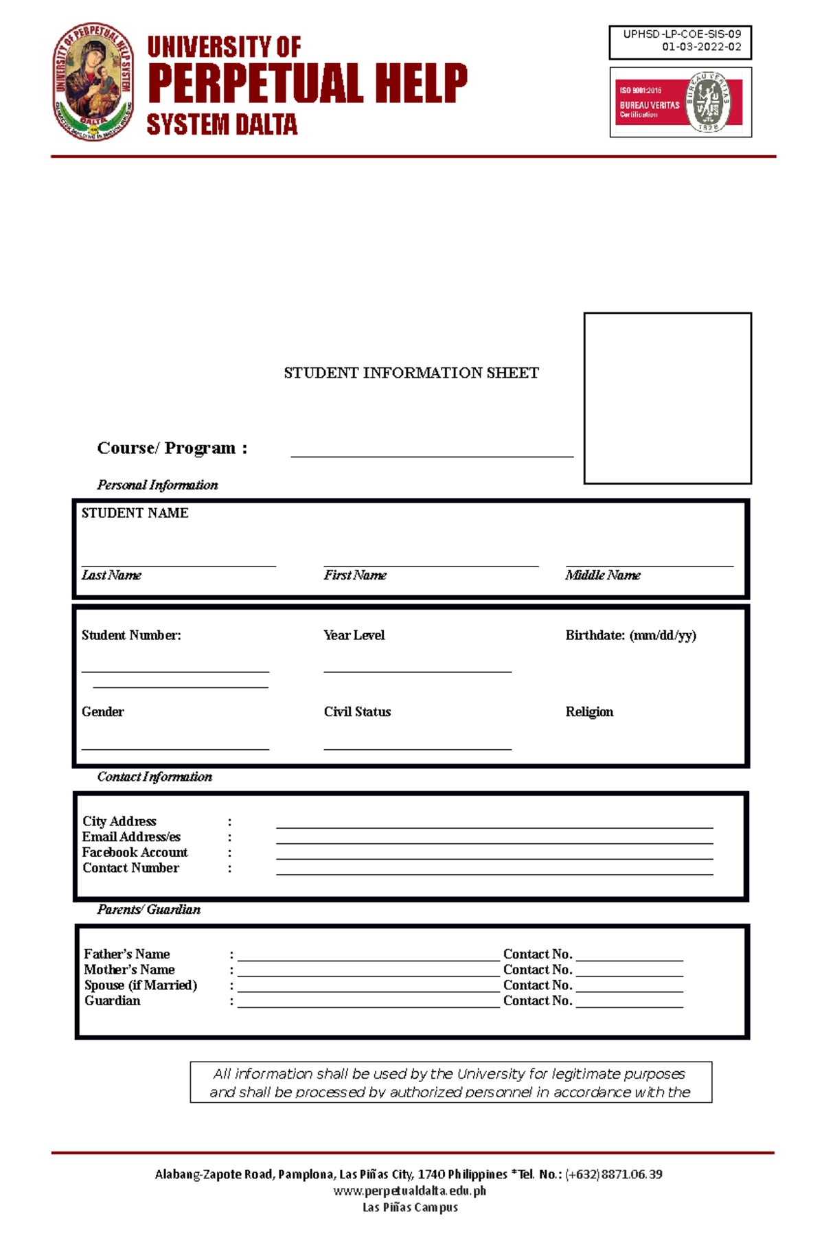 9. Student Information Sheet - Alabang-Zapote Road, Pamplona, Las Piñas ...