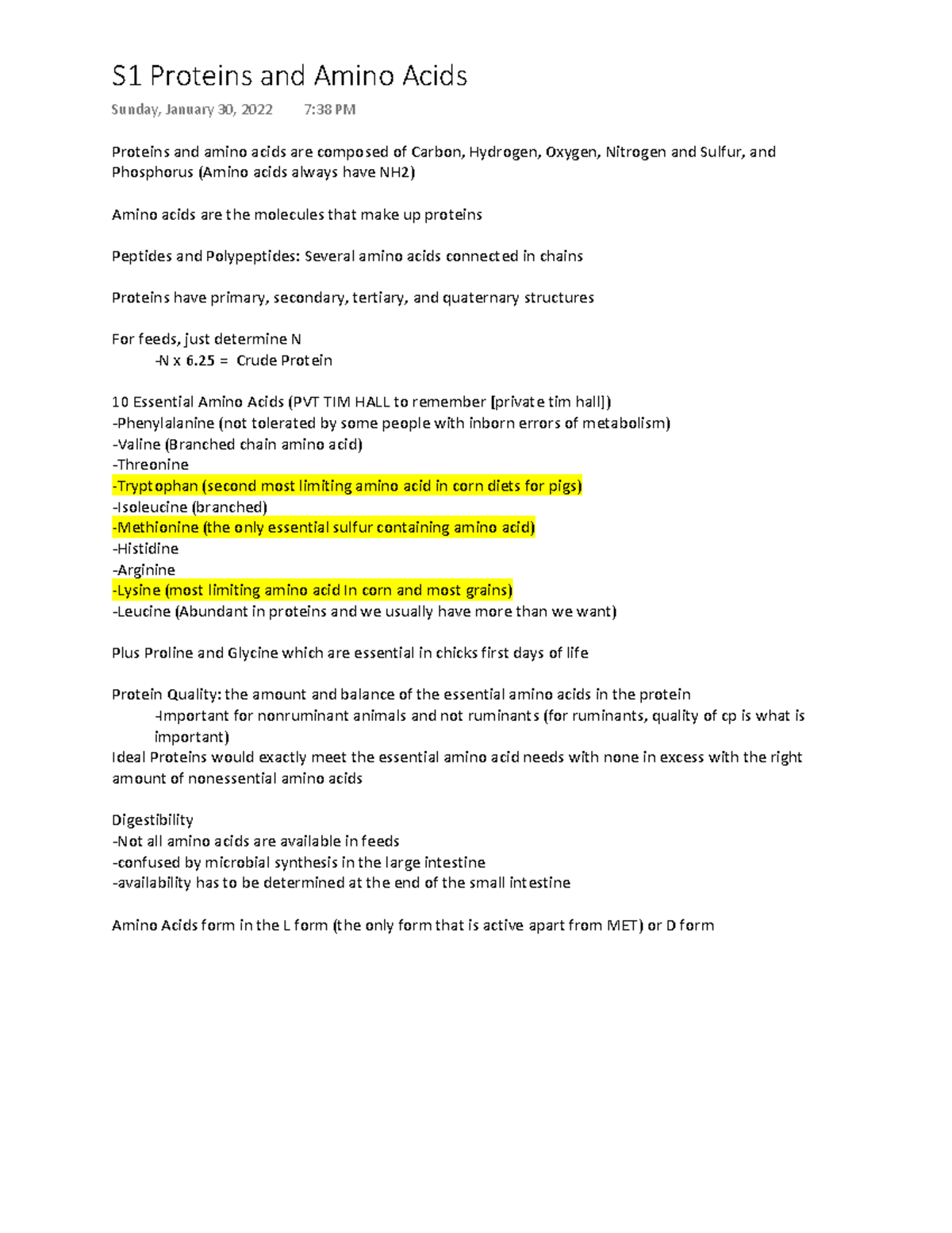 ANSC 221 Proteins and Anino Acids - Proteins and amino acids are ...