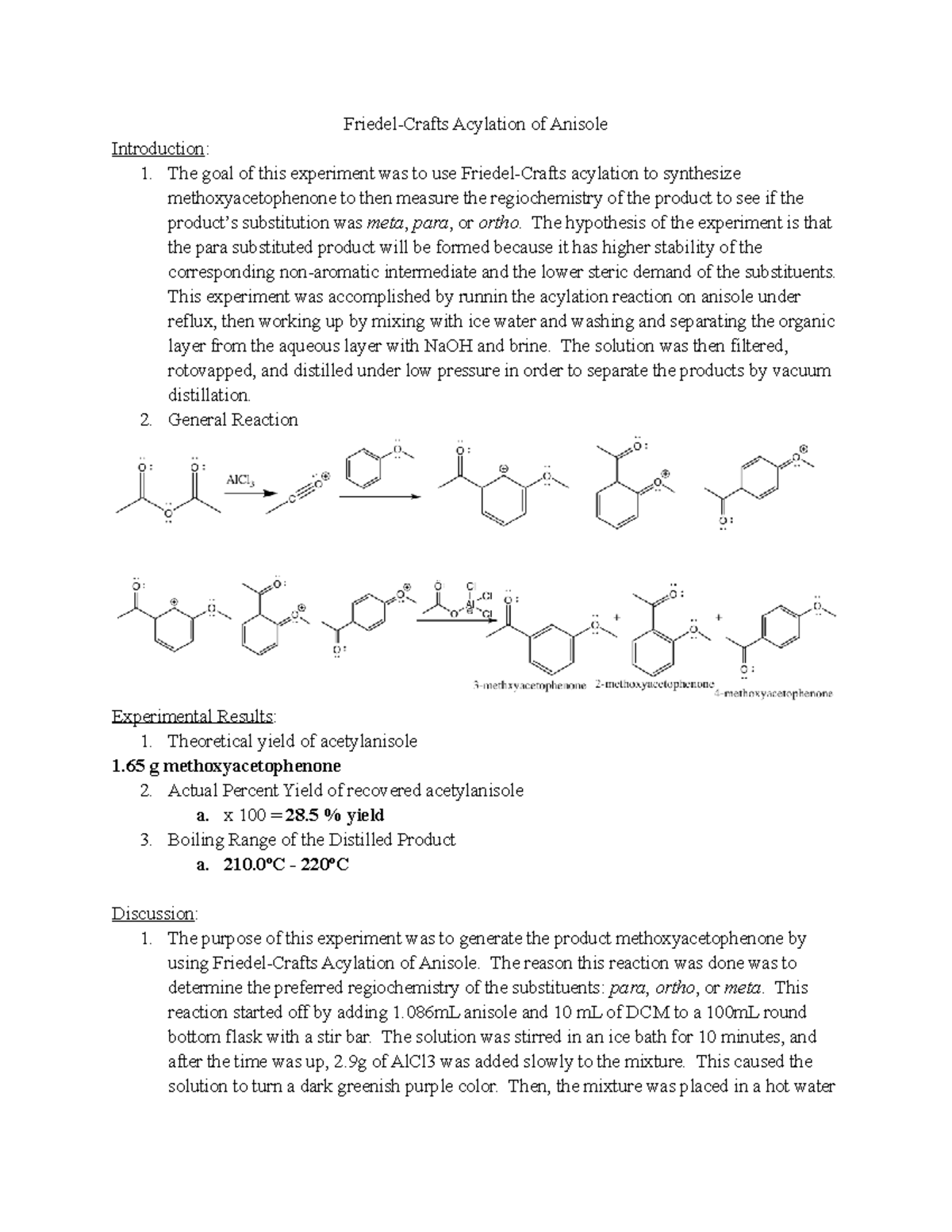CH 237 EX 7 - CH 237 experiment 7 - Friedel-Crafts Acylation of Anisole ...