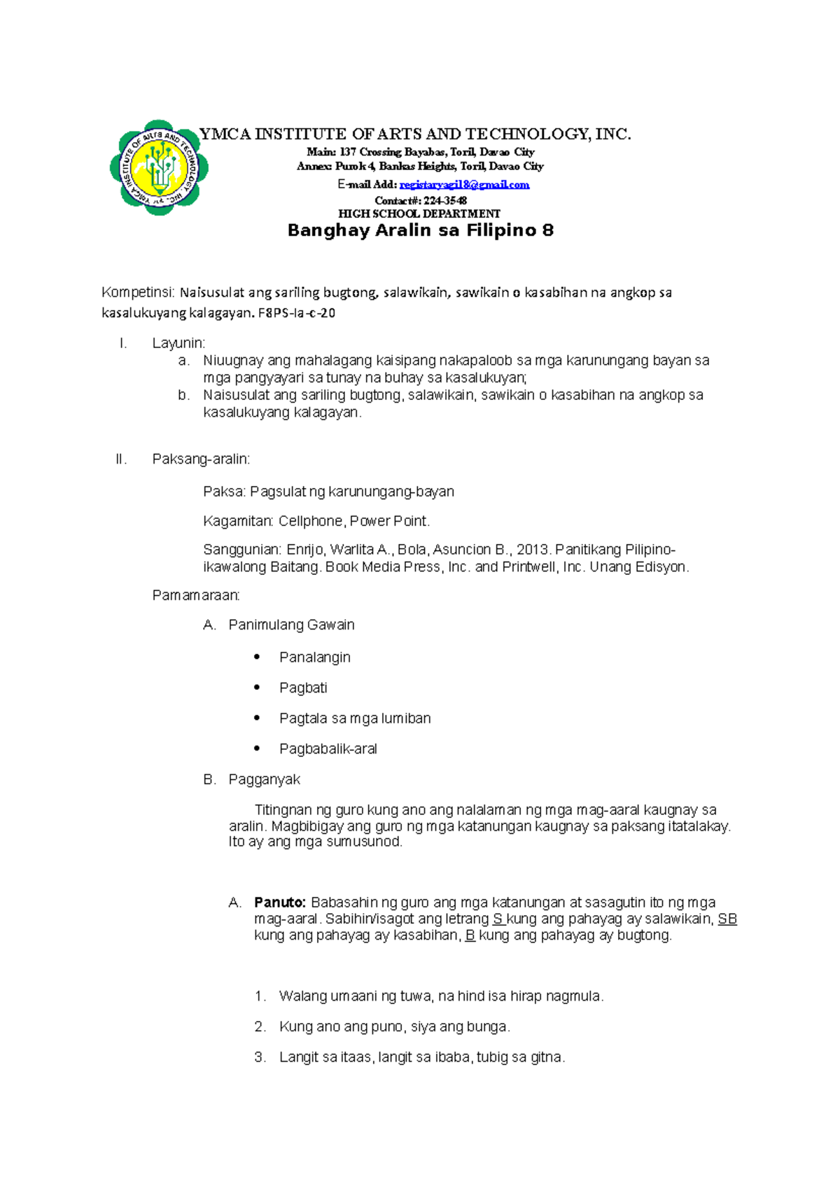 Grade 8 first quarter and third lesson - YMCA INSTITUTE OF ARTS AND ...