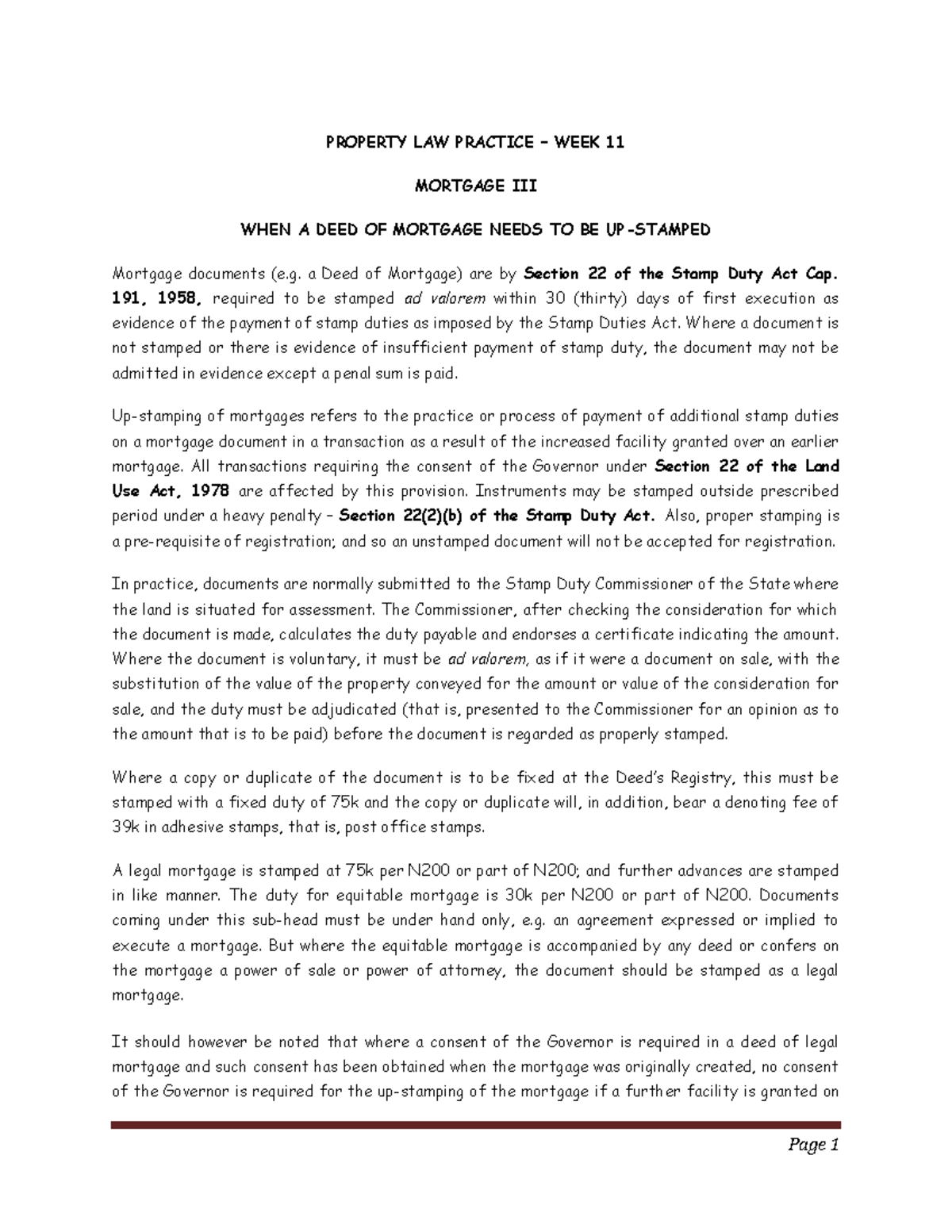 Week 11 - Mortgages III - PROPERTY LAW PRACTICE – WEEK 11 MORTGAGE III ...