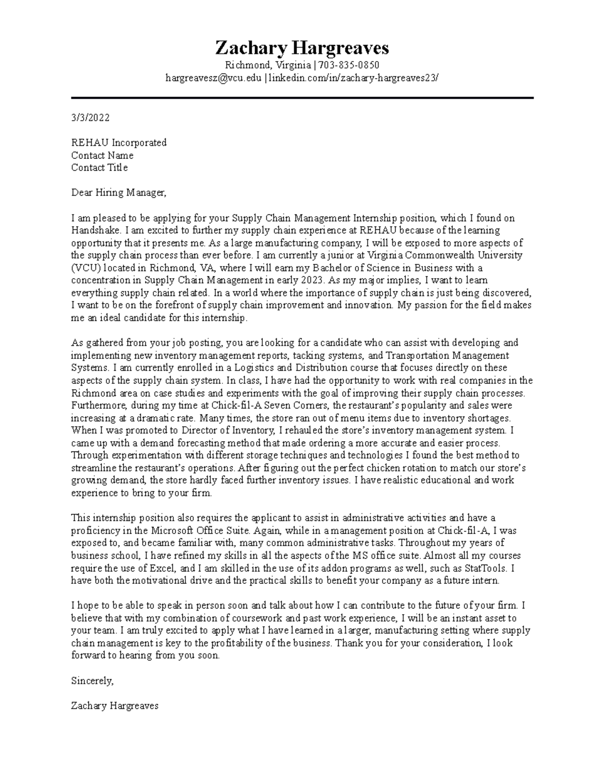 Business cover letter - Zachary Hargreaves Richmond, Virginia | 703-835 ...