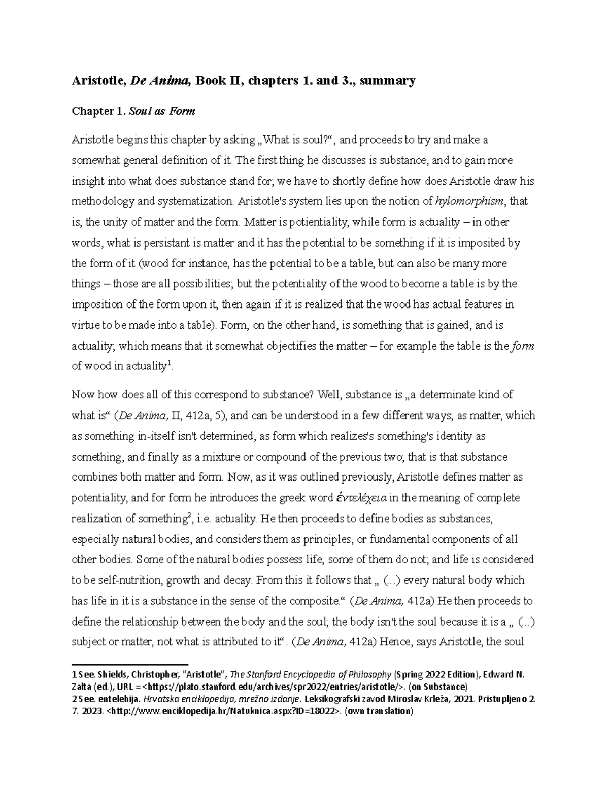 Aristotle, Descartes, Locke, Putnam summaries - Aristotle, De Anima ...