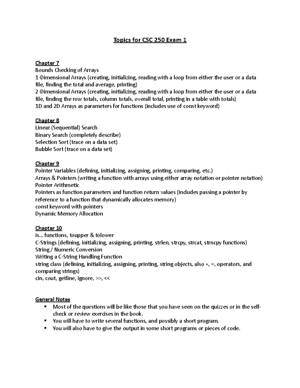 Topics for CSC 250 Exam 1, F20 - Topics for CSC 250 Exam 1 Chapter 7 ...
