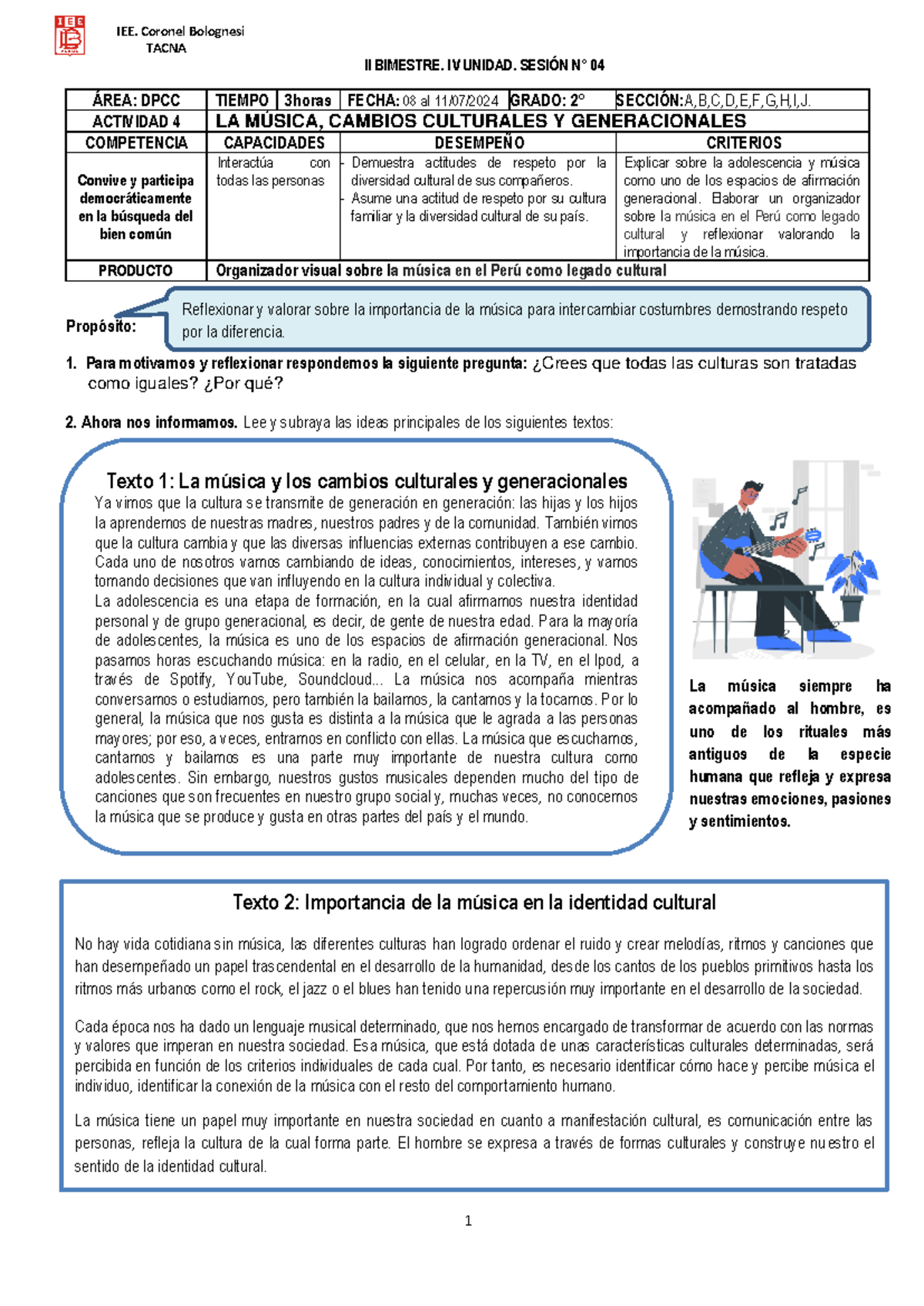 ACT4 IV Unidad DPCC 2º IIB - IEE. Coronel Bolognesi TACNA 1 II BIMESTRE. IV UNIDAD. SESIÓN N° 04 ...