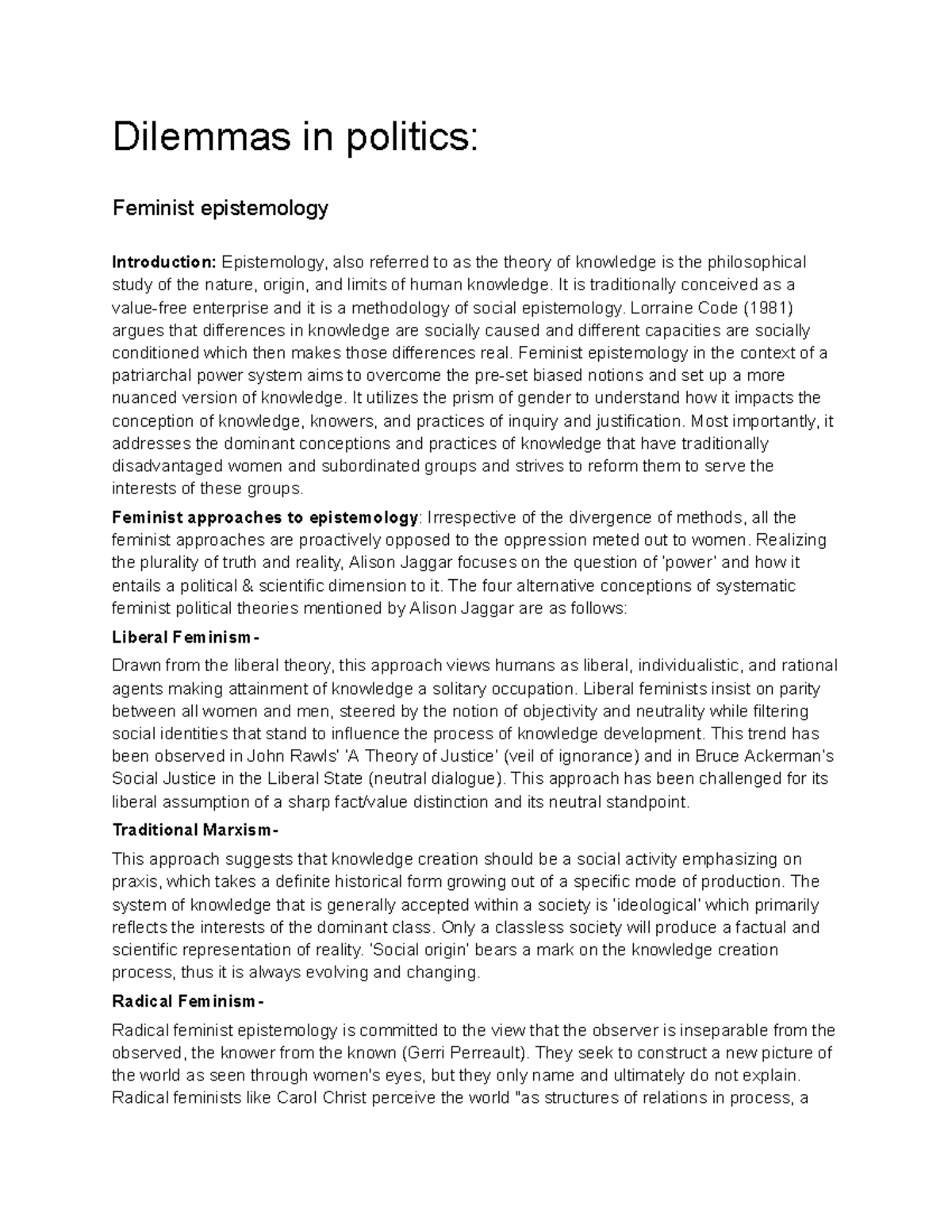 Dilemmas in politics - notes - Dilemmas in politics: Feminist ...