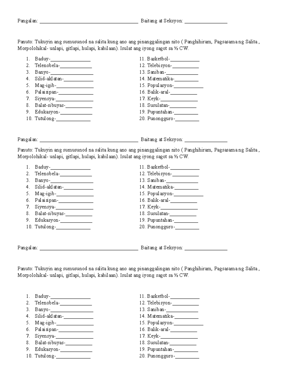 Etimolohiya quiz - Pangalan: _____________________________________ Baitang at Seksyon: - Studocu