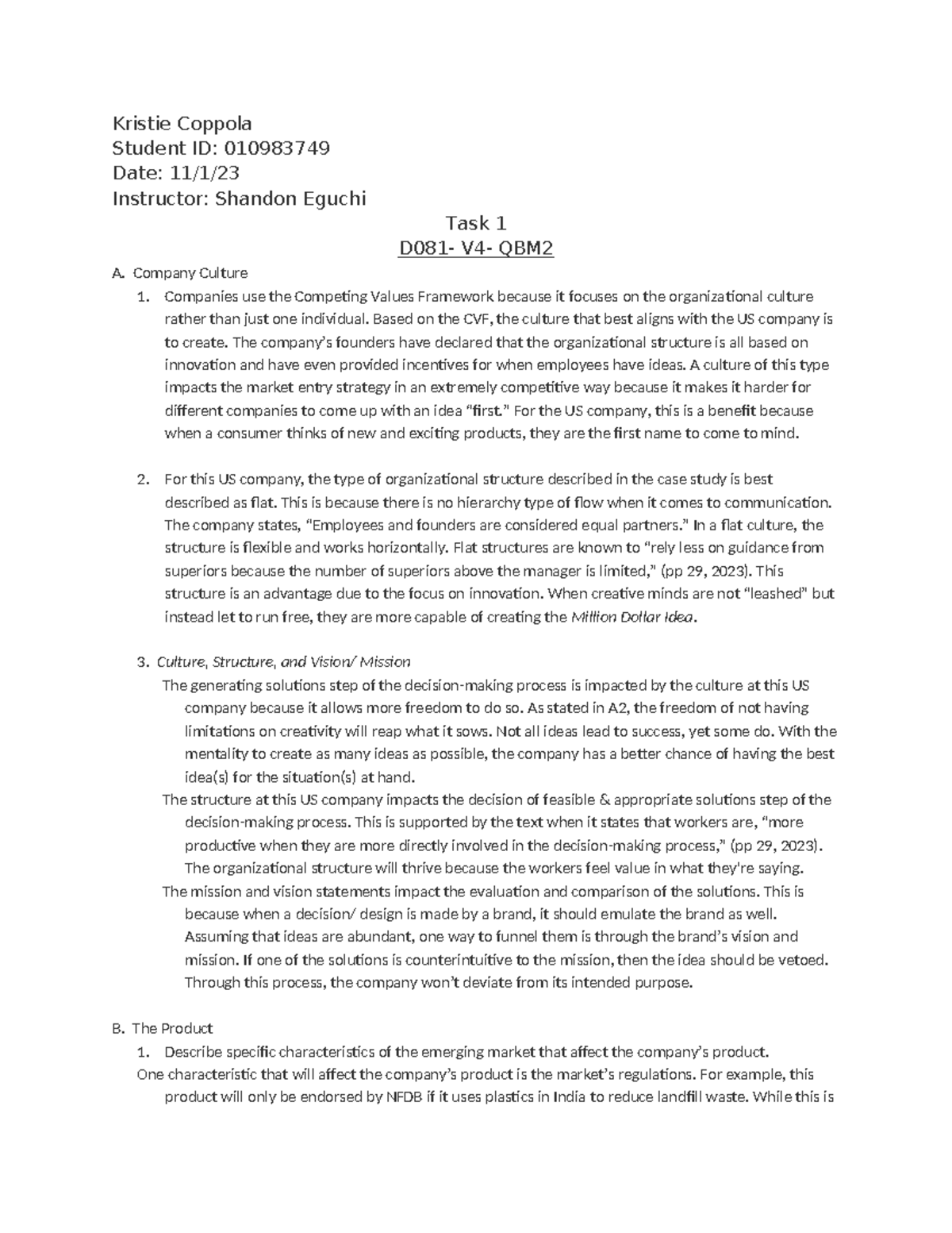 D081- Task 1 - task 1 submission for d081 - Kristie Coppola Student ID ...