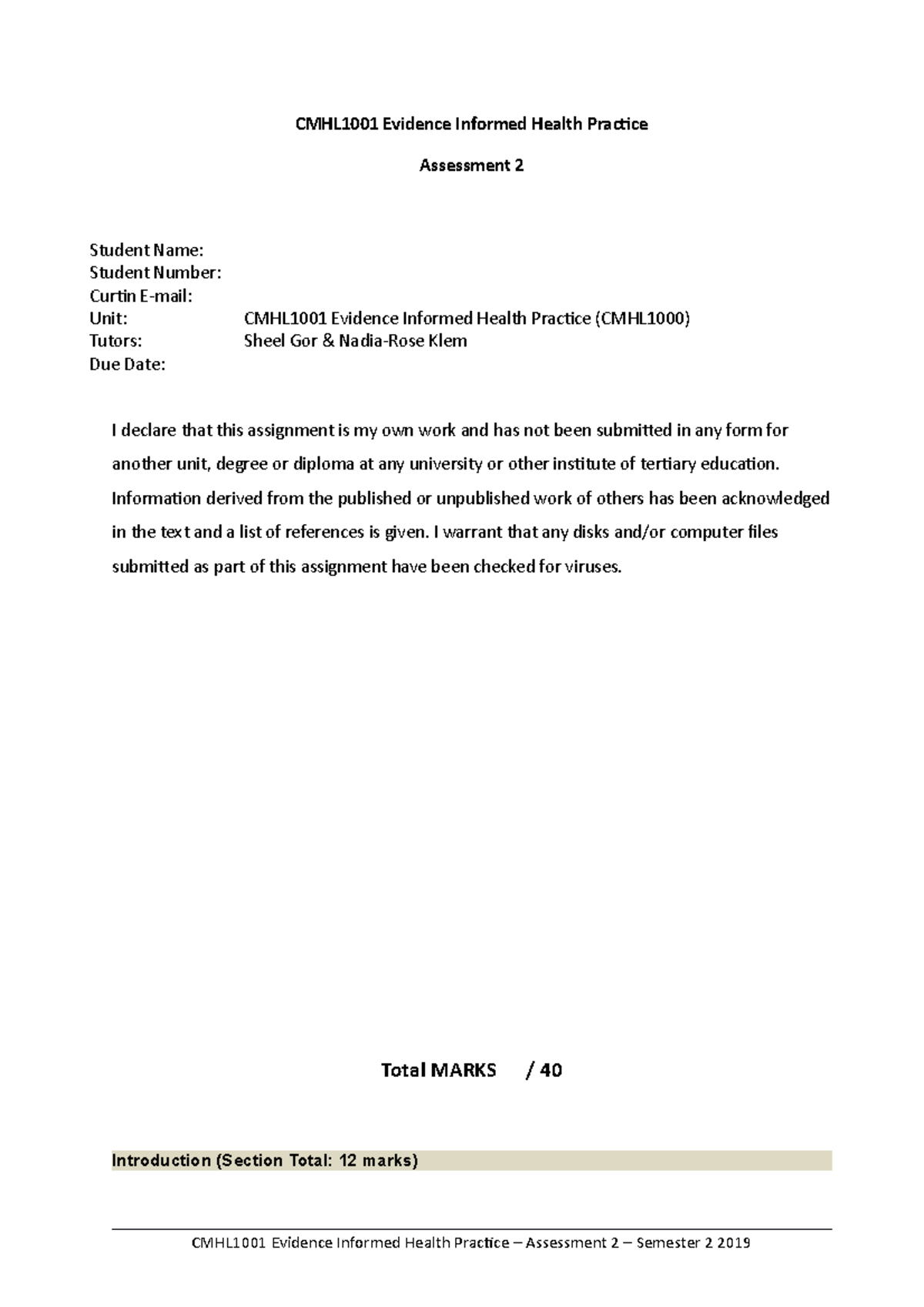 A2 - Allied health assignment 2 summary - CMHL1001 Evidence Informed ...