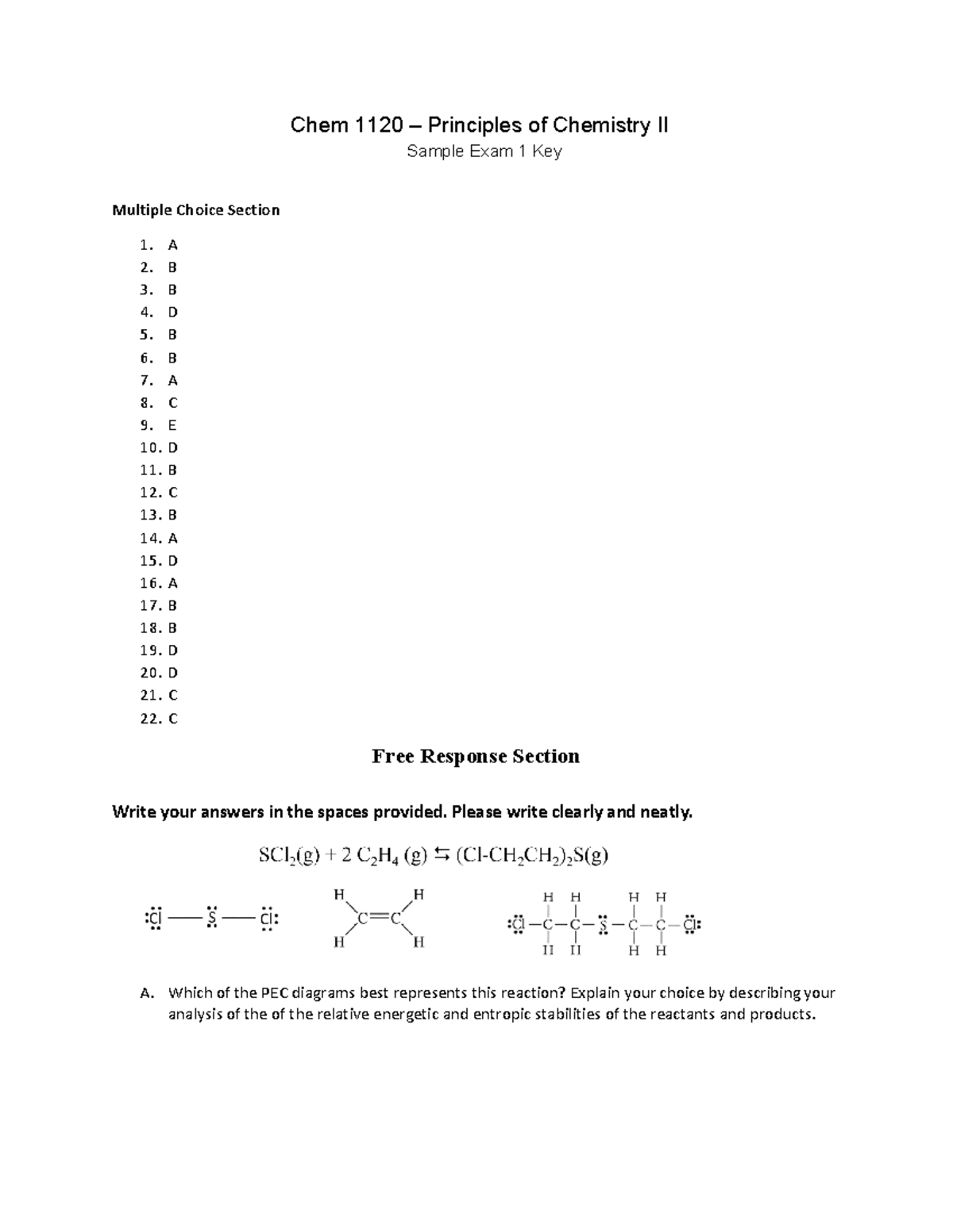 CHEM 1120 Sample Exam 1 Key - Chem 1120 – Principles of Chemistry II Sample Exam 1 Key Multiple ...