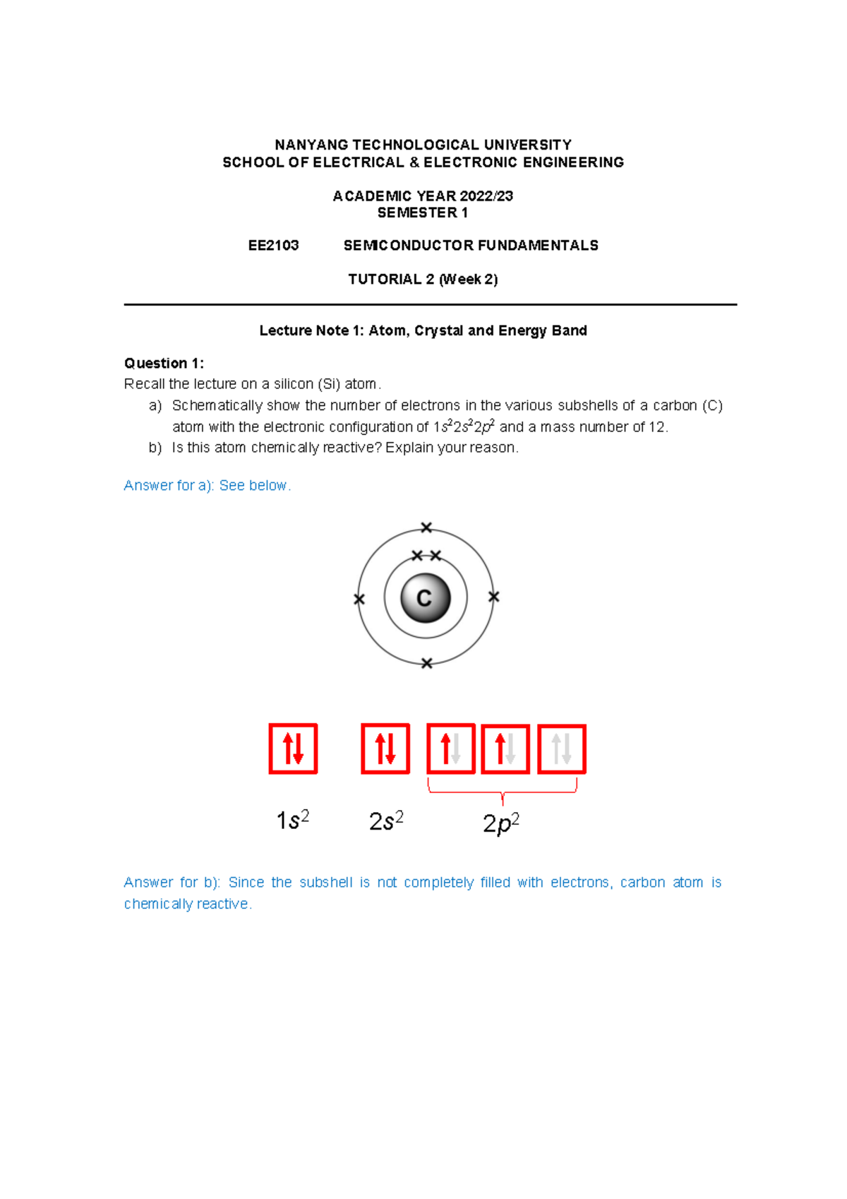 EE2103 - Tut week1 - NANYANG TECHNOLOGICAL UNIVERSITY SCHOOL OF ELECTRICAL & ELECTRONIC - Studocu
