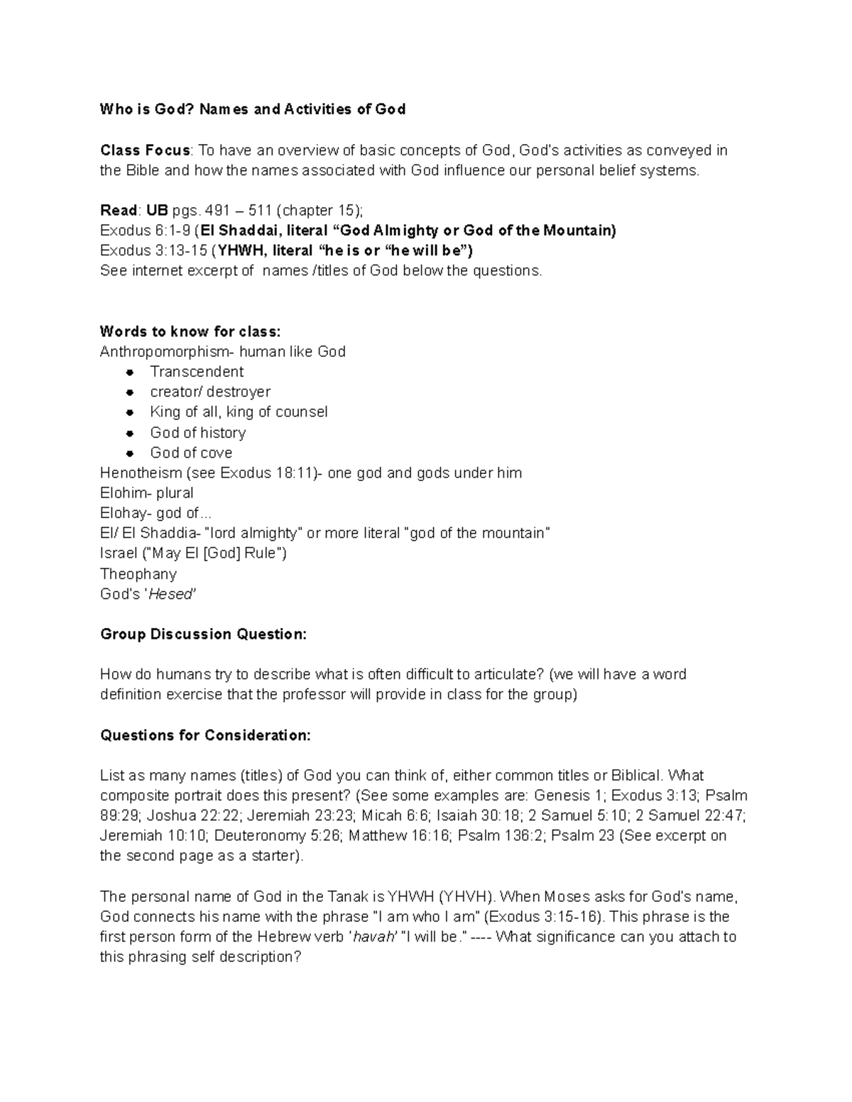 Who is God - Lecture notes 30 - Who is God? Names and Activities of God ...