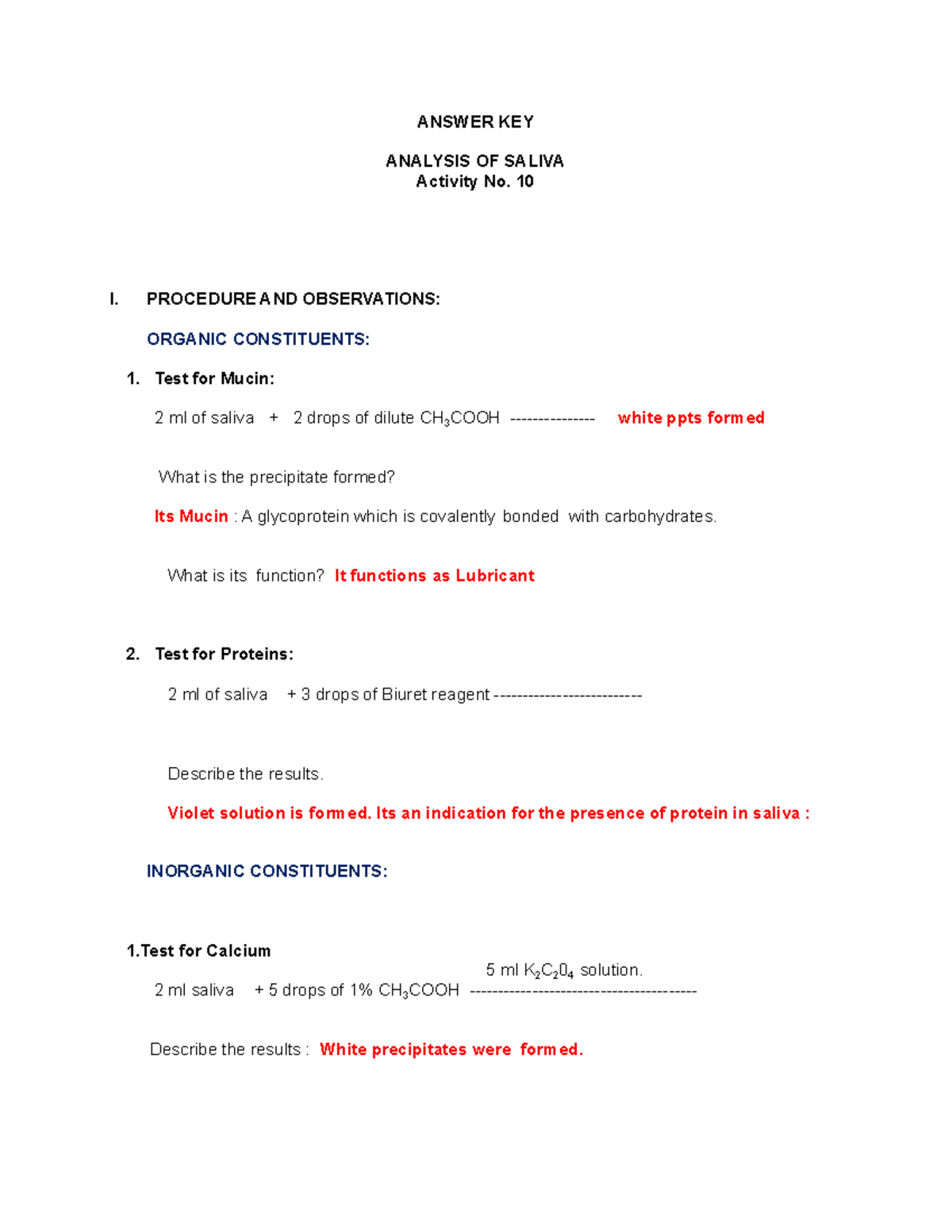 Answer KEY Analysis OF Saliva - ANSWER KEY ANALYSIS OF SALIVA Activity ...