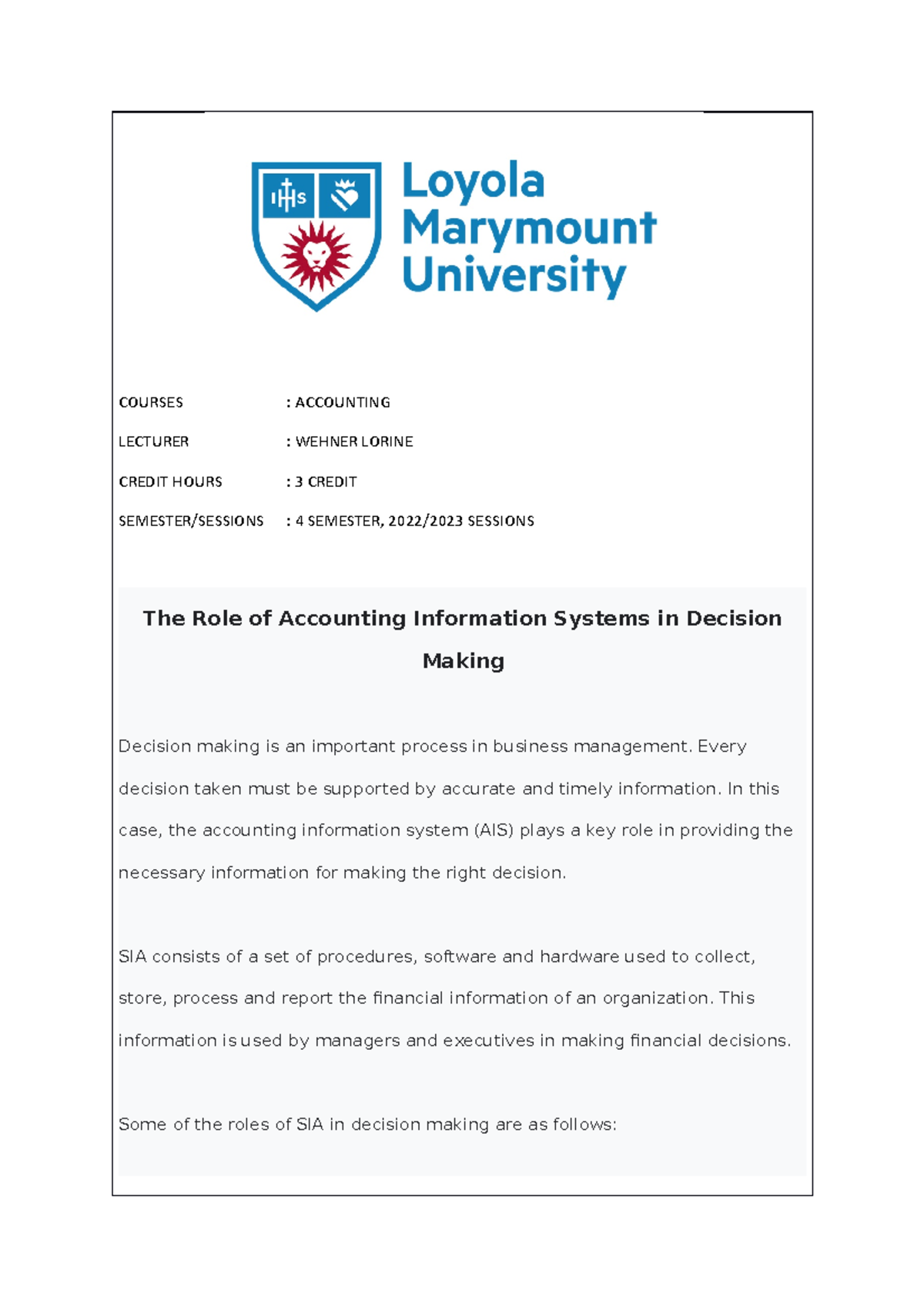 The Role of Accounting Information Systems in Decision Making - COURSES ...