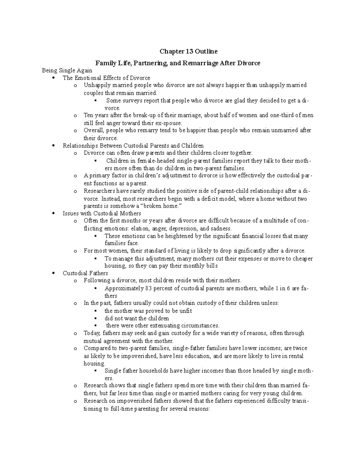 Chapter 13 Outline - Writing assignment - Chapter 13 Outline Family Life, Partnering, and ...