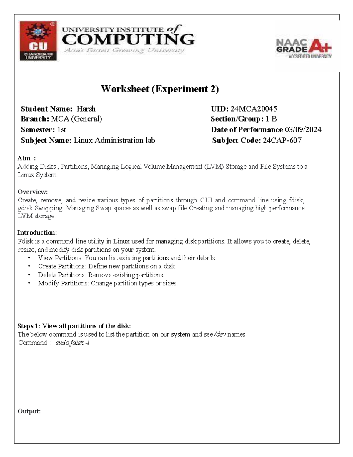 Linuxwork harsh - THIS IS WORKSHEET OF LINUX - Worksheet (Experiment 2) Student Name: Harsh UID ...