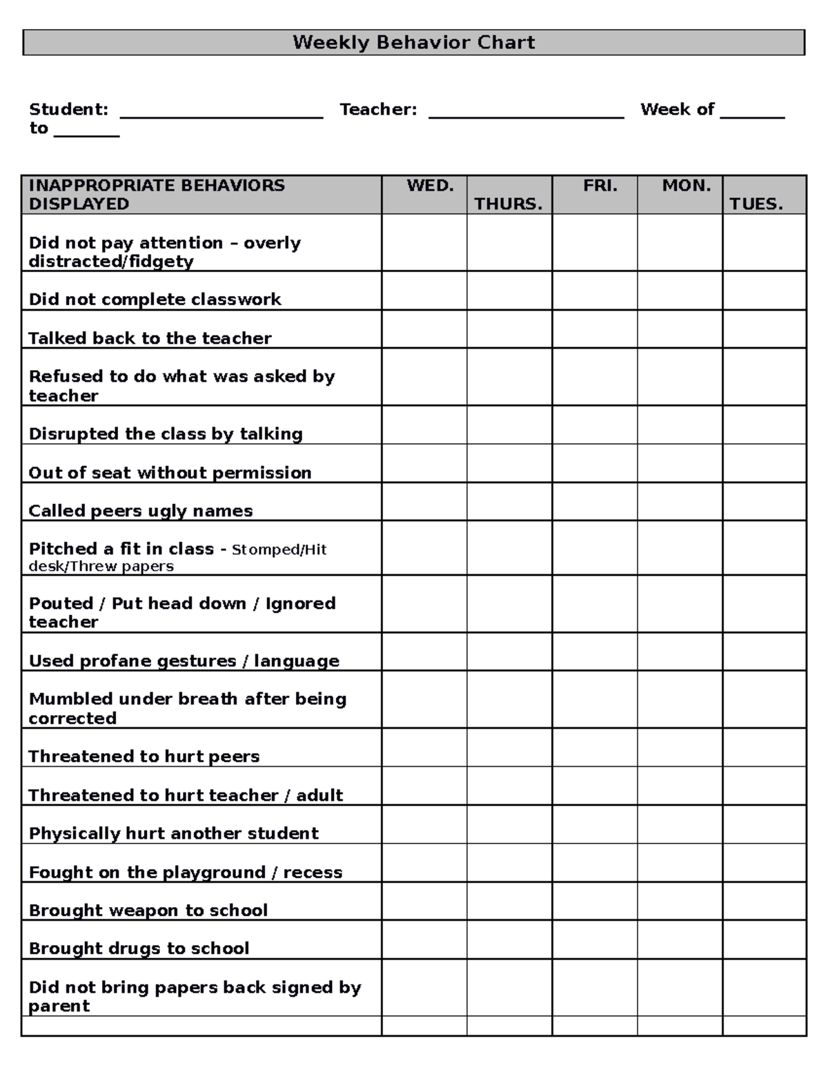Behavio 20chart - Weekly Behavior Chart Student ...