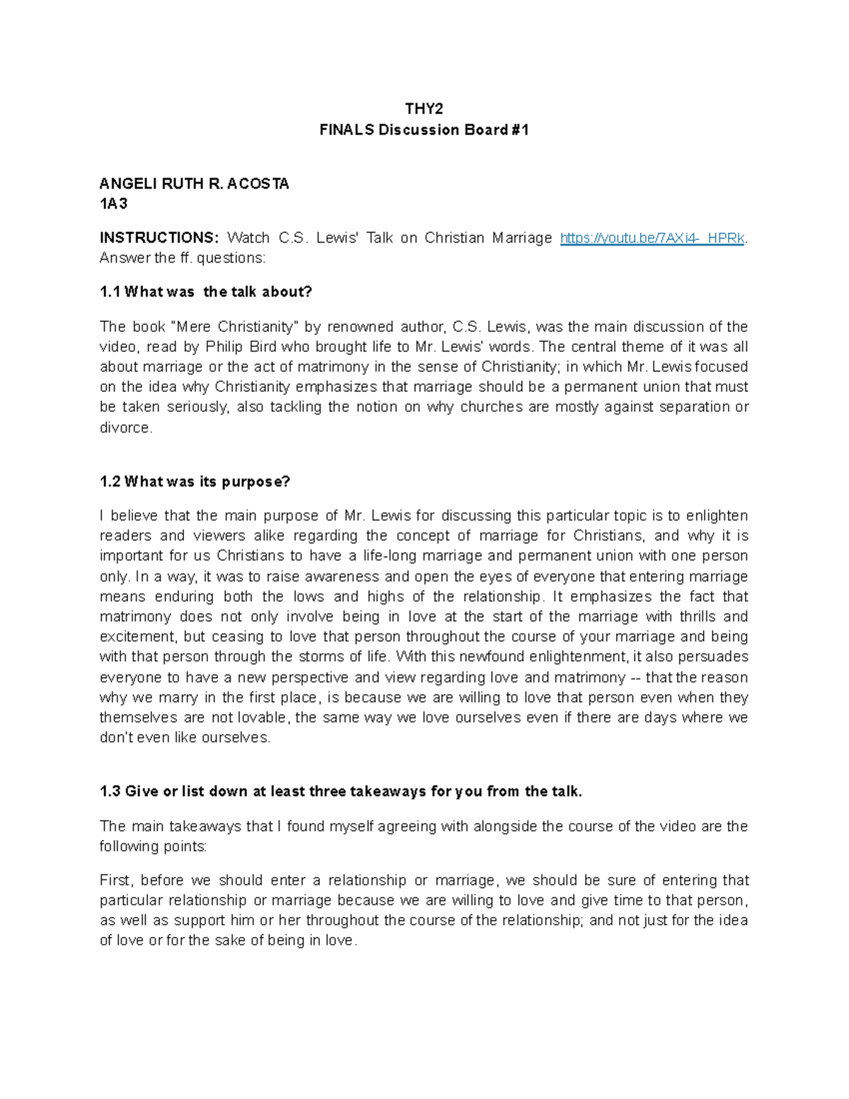 Theology 2 discussion board (essay) - THY FINALS Discussion Board ...