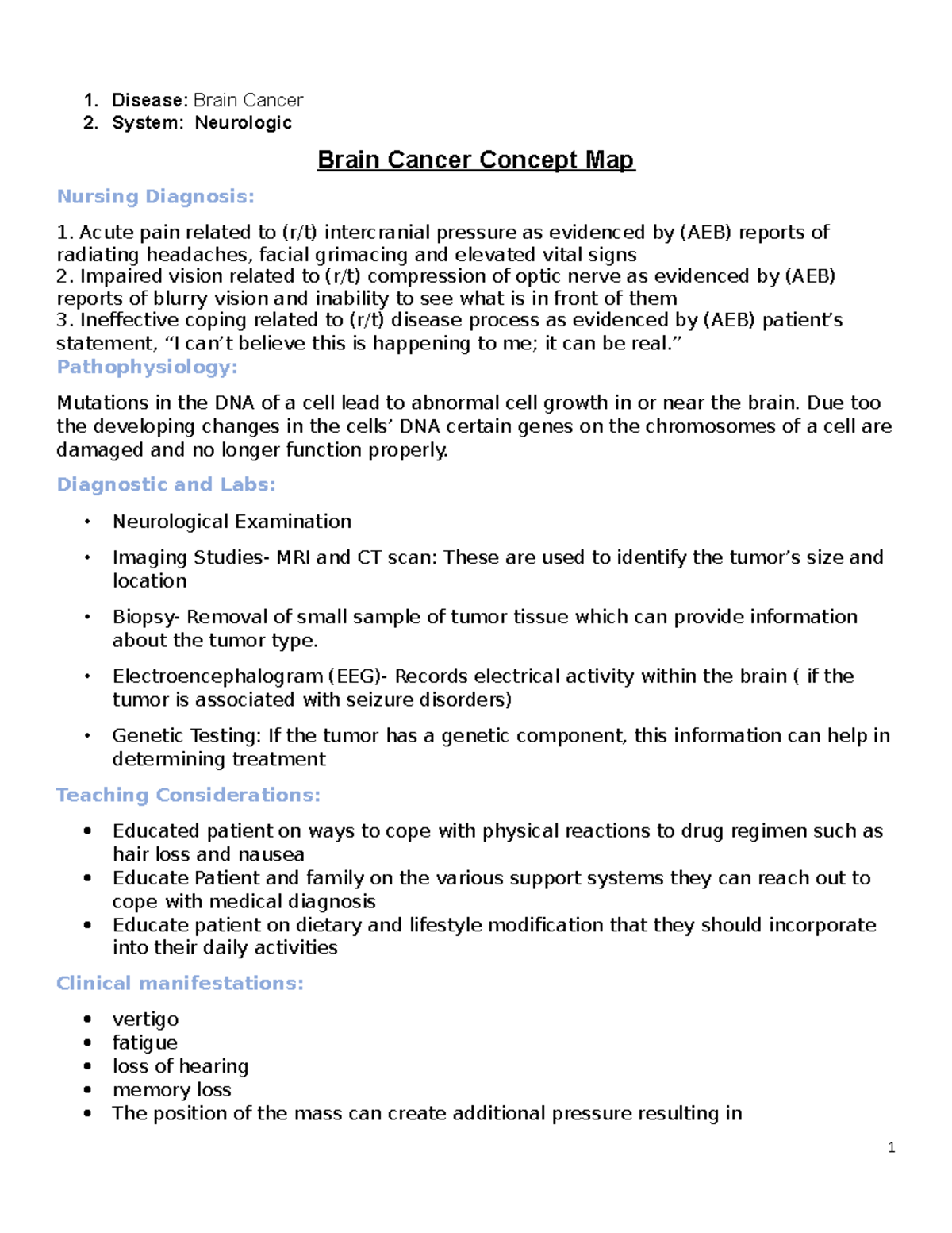 APIE and Pt Data Base-1- JB - 1. Disease: Brain Cancer 2. System ...