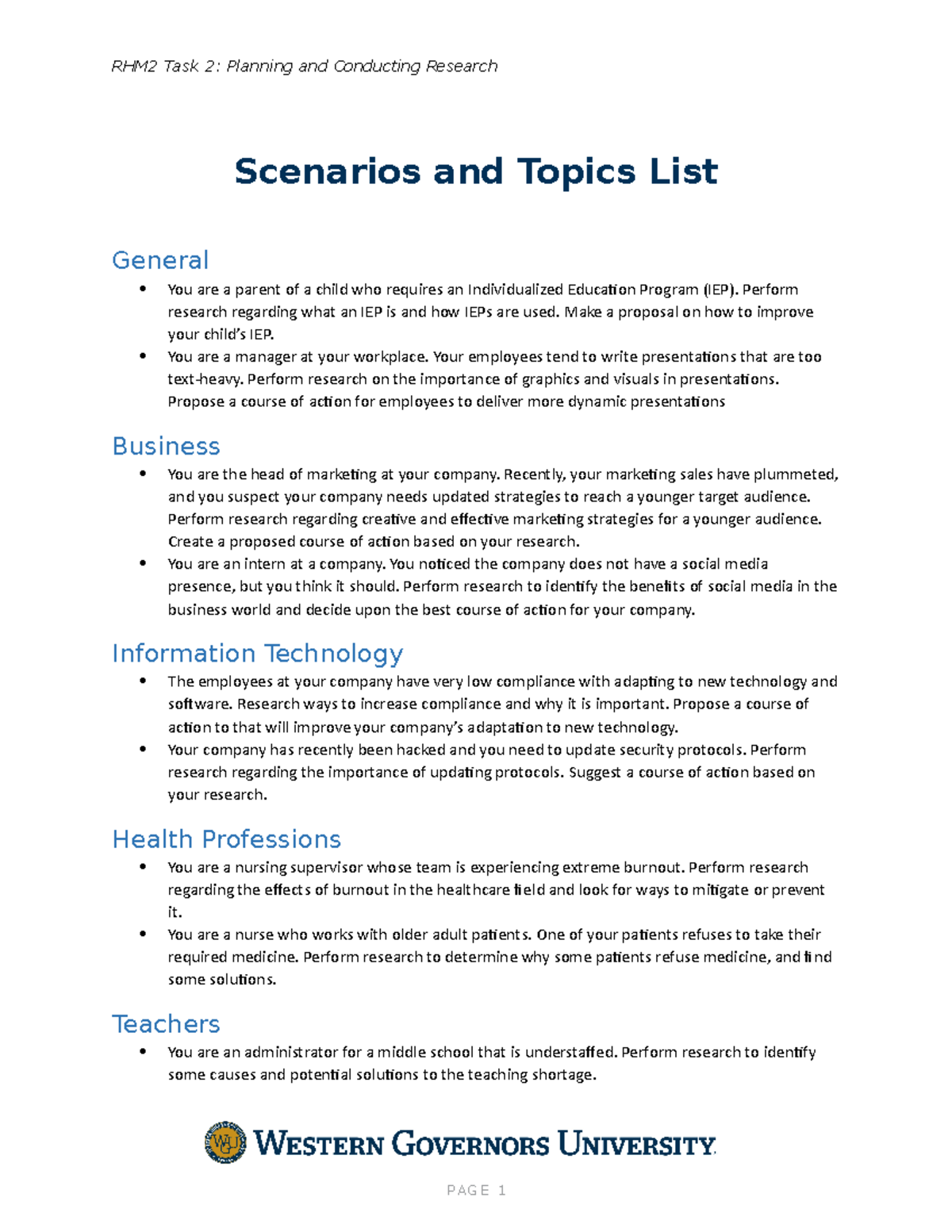 Scenarios and Topics List - RHM2 Task 2: Planning and Conducting ...