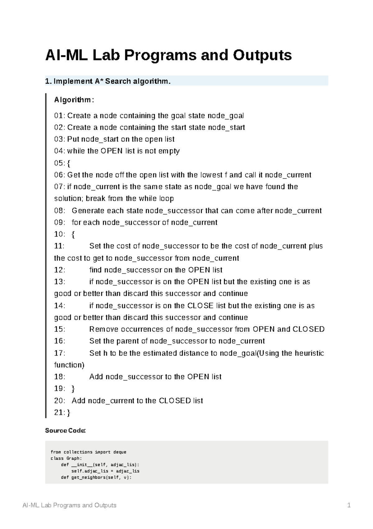 Ai Ml Lab Programs And Outputs Implement A Search Algorithm Algorithm 01 Create A Node