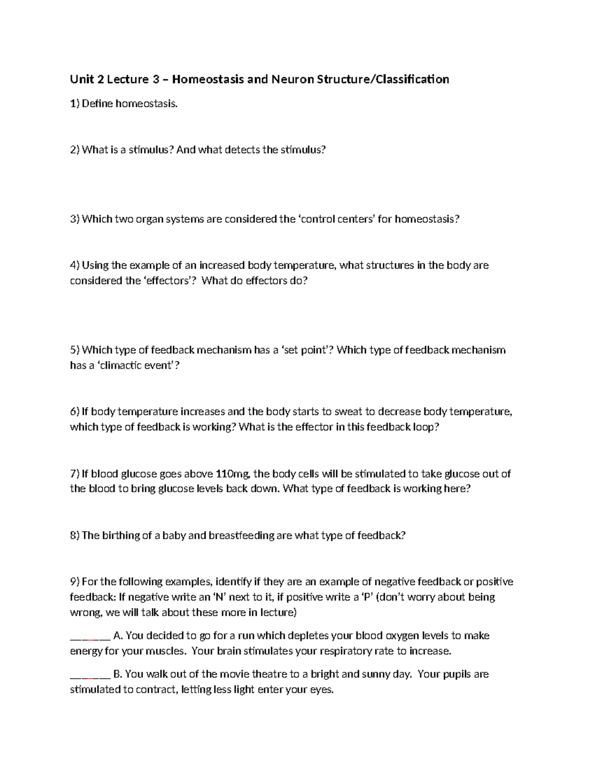 L3 - Homeostasis, Neurons (word doc) - Unit 2 Lecture 3 – Homeostasis ...