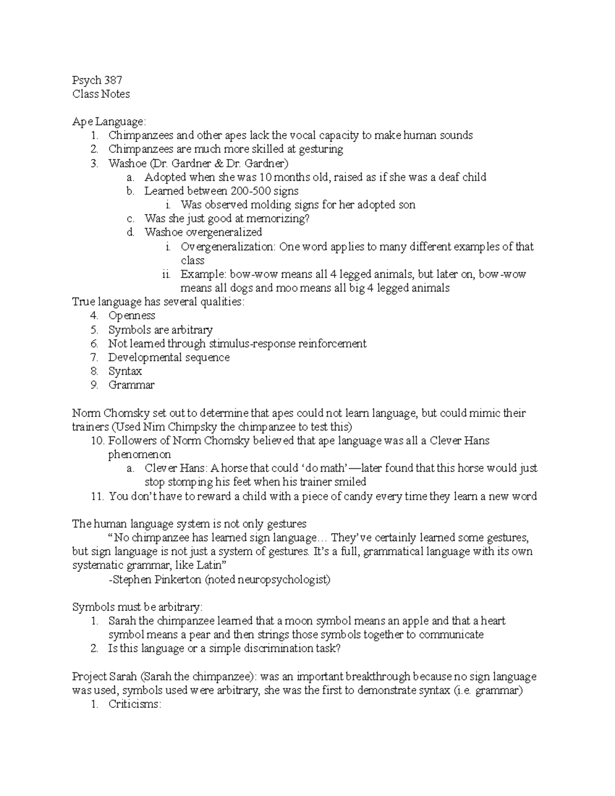 Psych 387-Ape Language - Psych 387 Class Notes Ape Language: 1 ...