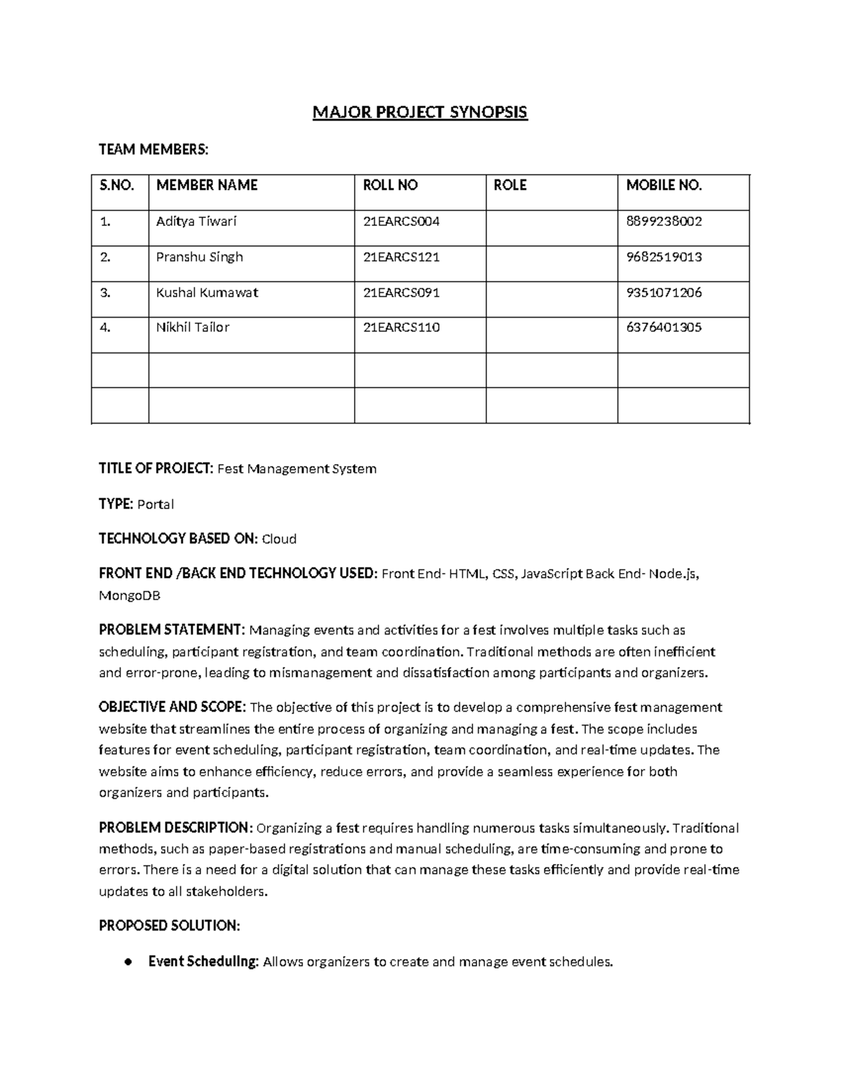 Fest Management Project Synopsis - MAJOR PROJECT SYNOPSIS TEAM MEMBERS ...