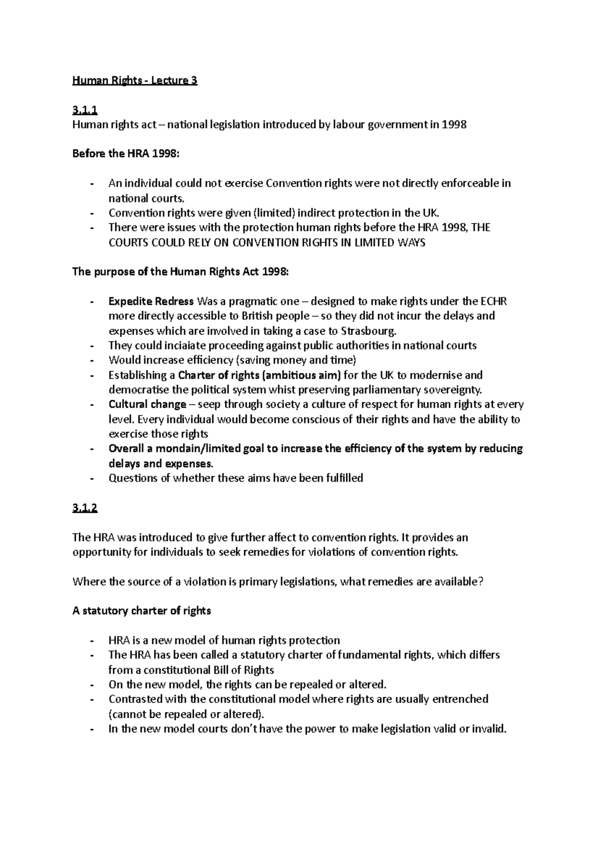 Human Rights lecture 3 - Human Rights - Lecture 3 3. Human rights act ...