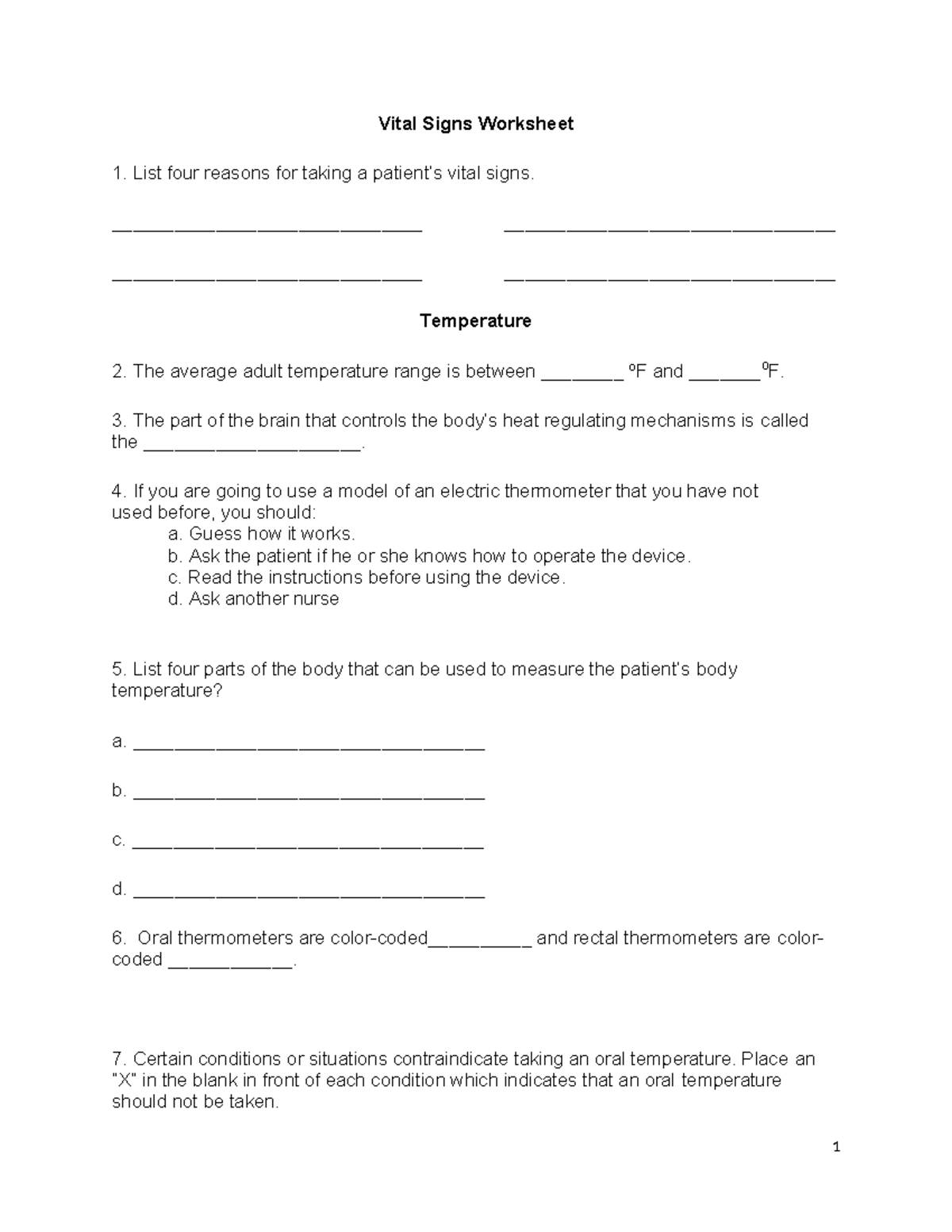 Vital Signs Worksheet - n/a - Vital Signs Worksheet List four reasons ...
