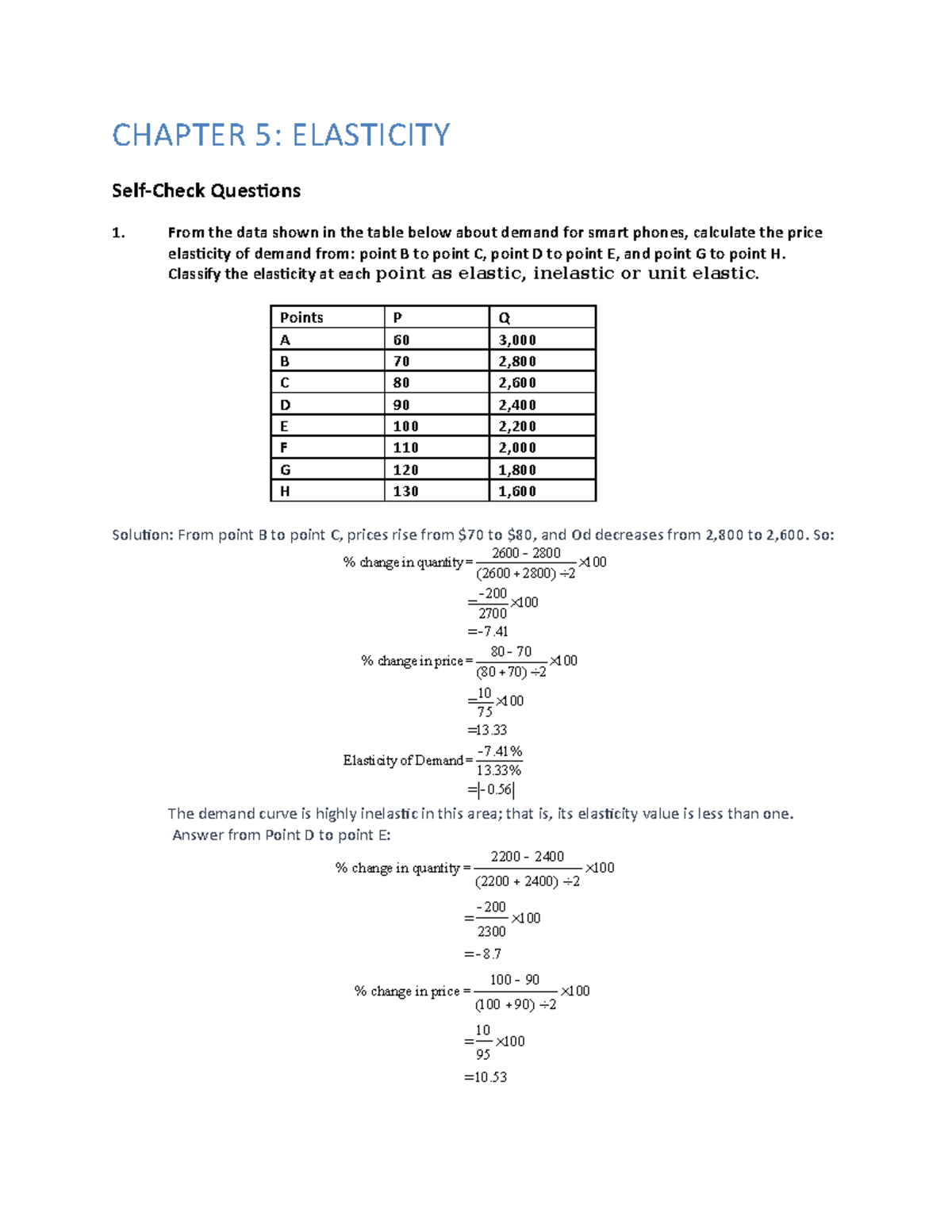 Chapter 5 KEY - CHAPTER 5: ELASTICITY Self-Check Questions From the data shown in the table ...