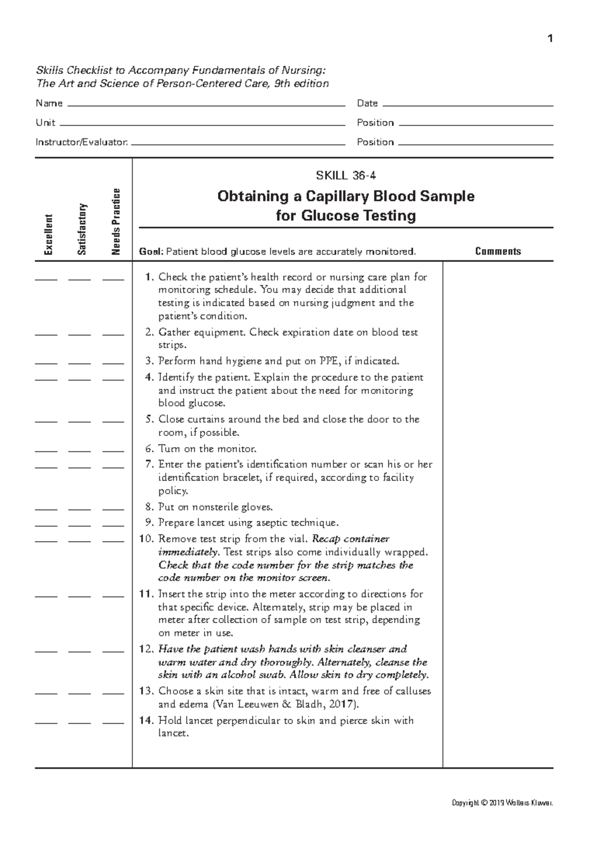 Capillary blood sample for glucose testing - 1 Skills Checklist to ...