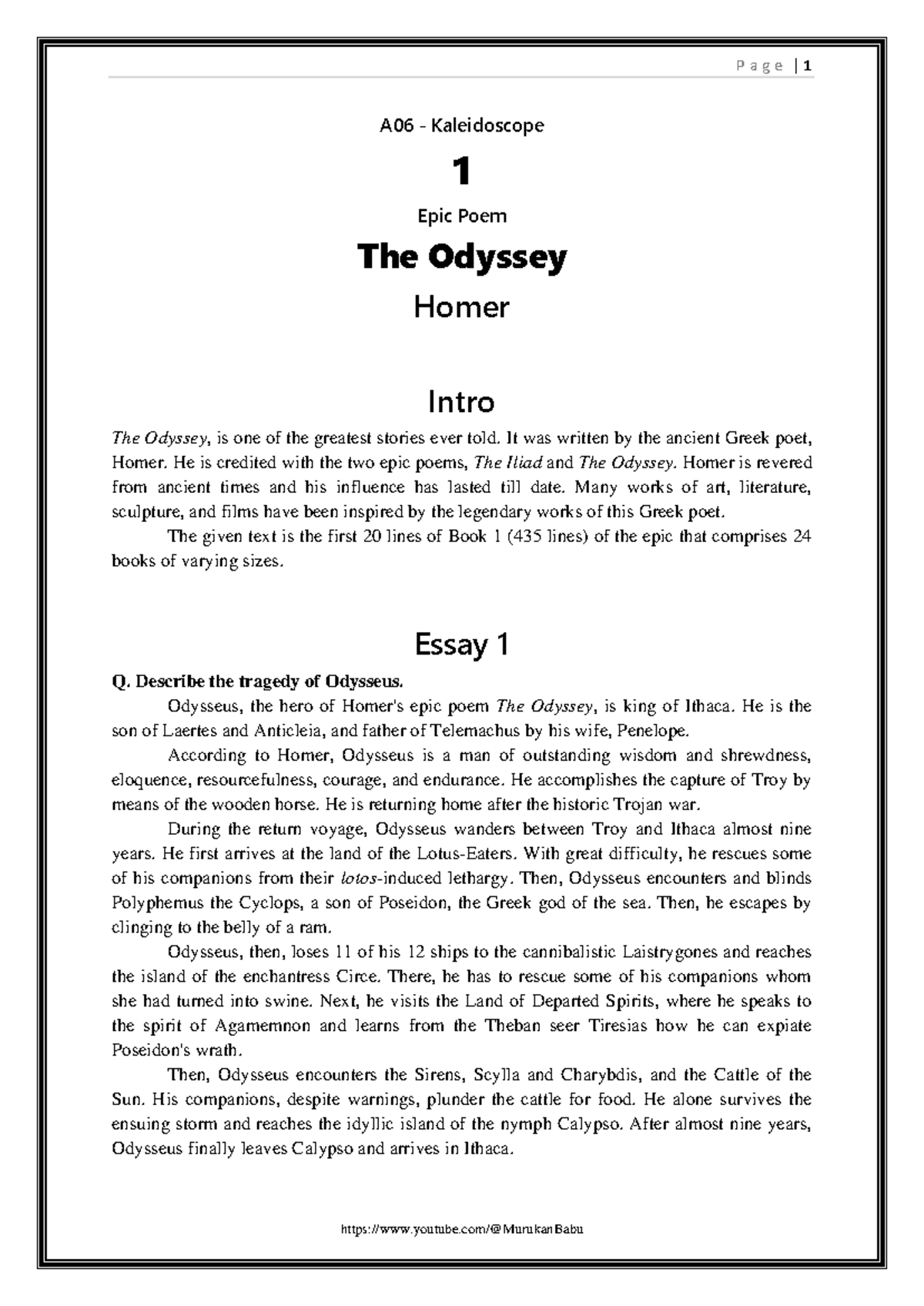 The Odyssey Complete note - A06 - Kaleidoscope 1 Epic Poem The Odyssey ...