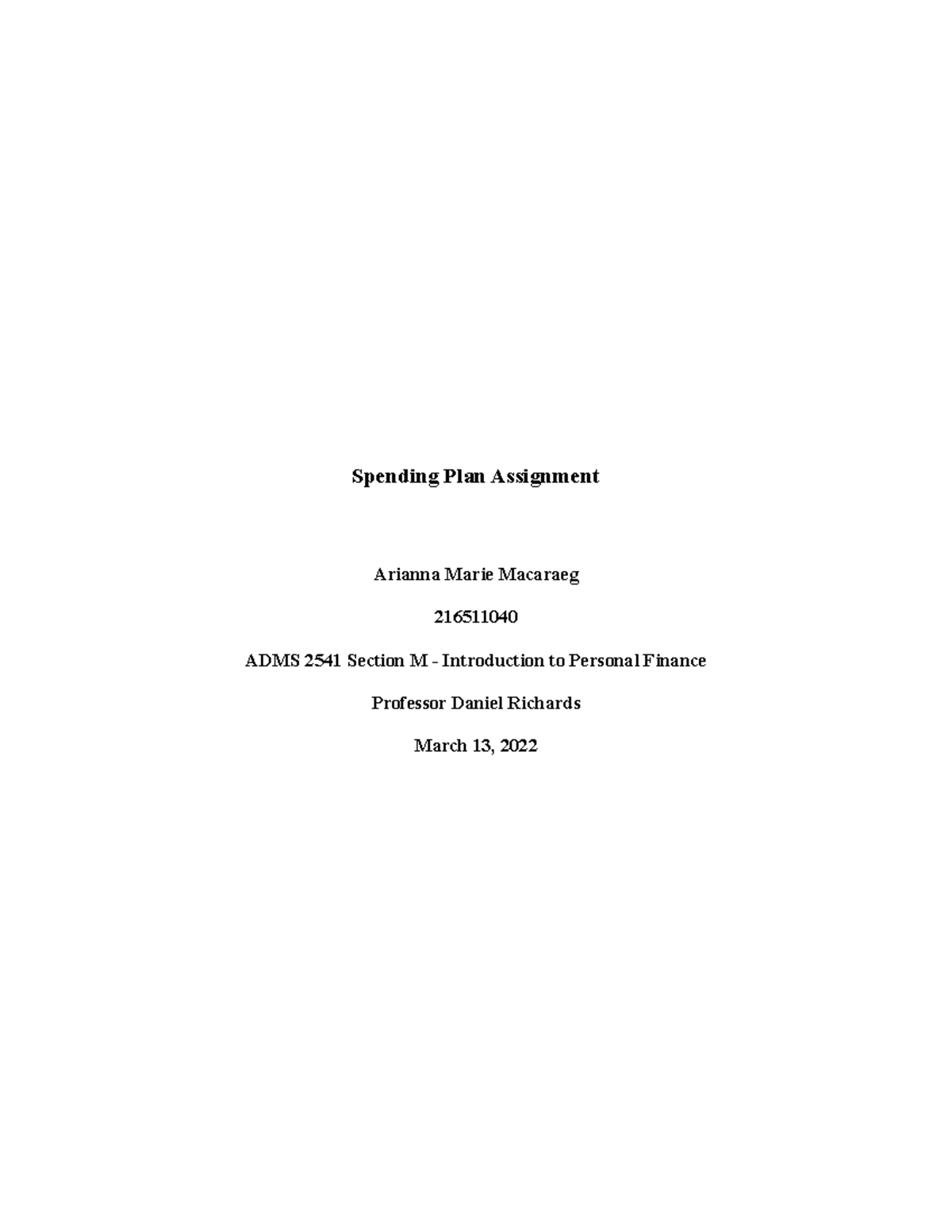 Spending Plan Assignment - Spending Plan Assignment Arianna Marie ...