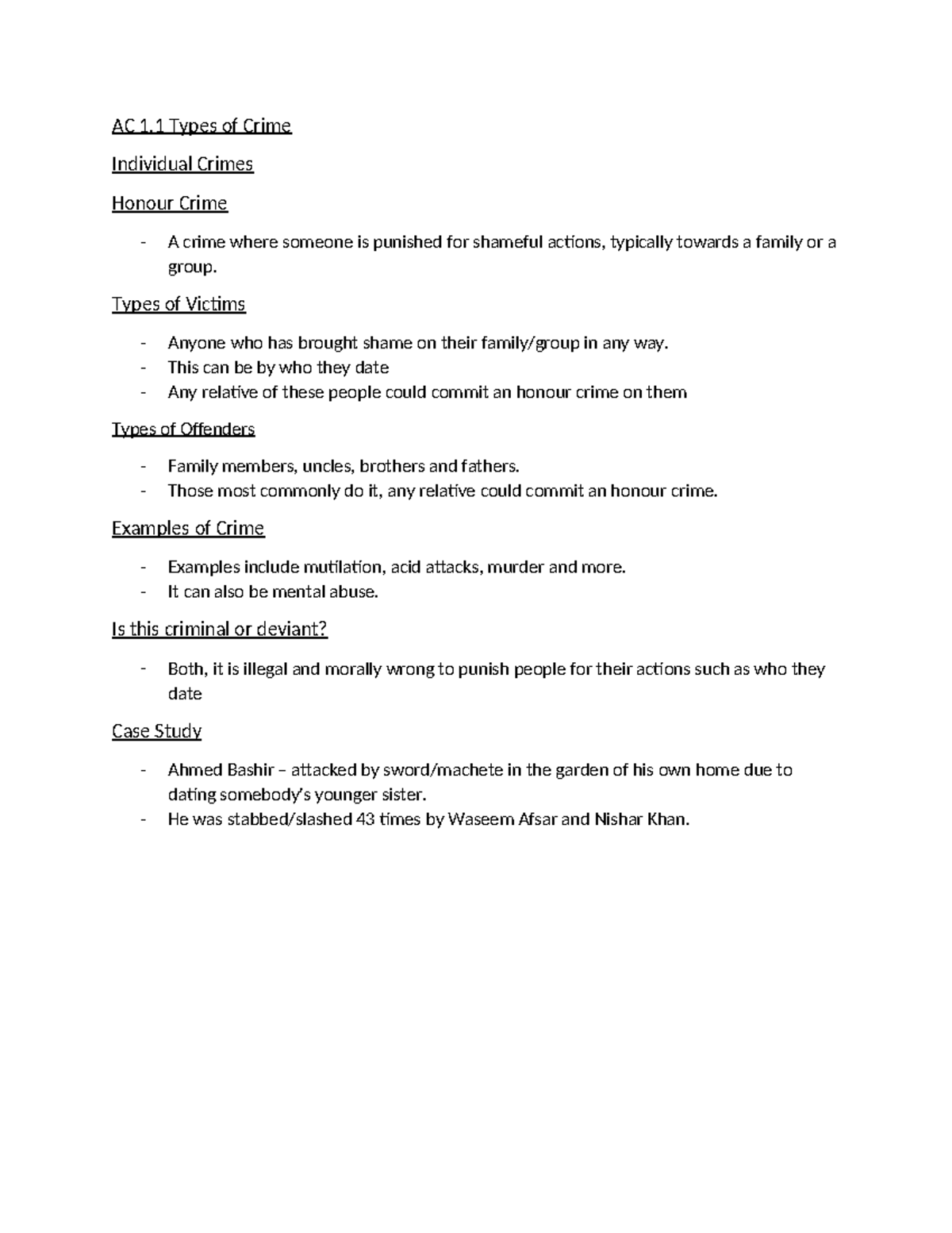 Criminology Notes - AC 1 Types of Crime Individual Crimes Honour Crime ...